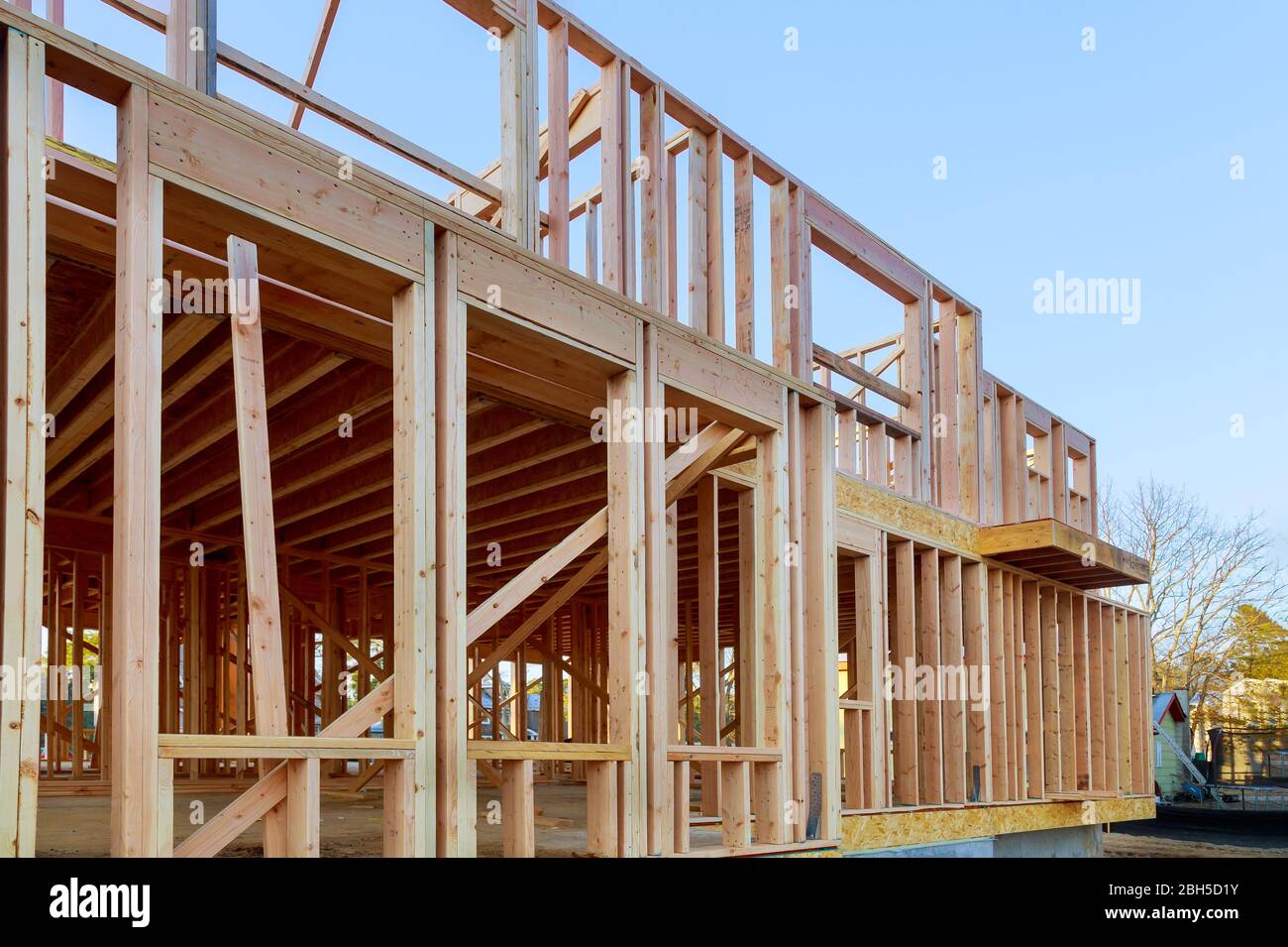 Residential american home in under construction beams house wooden ...