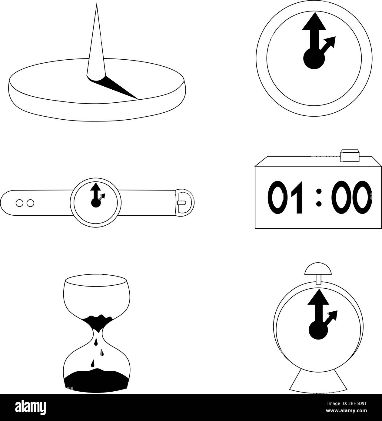Set of vector watches. Sundial, hourglass, wristwatch. Alarm clock and ...