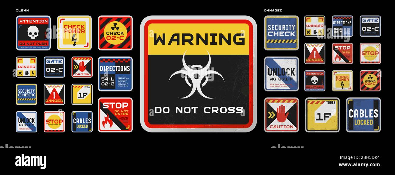 Set of warning, prohibition and information signs design. Square layout ...
