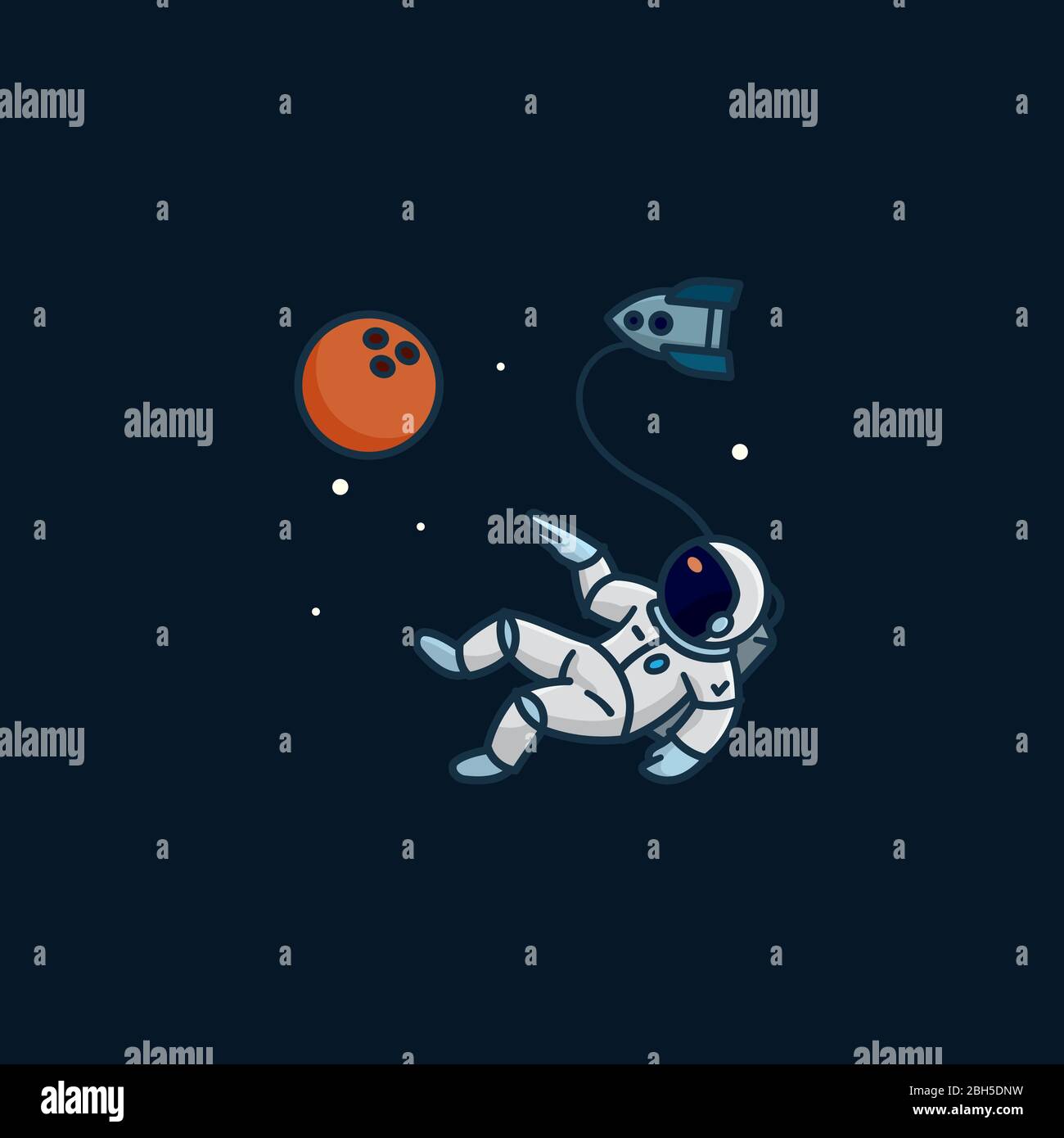 Astronaut walking in space, pointing at bowling ball shaped planet ...