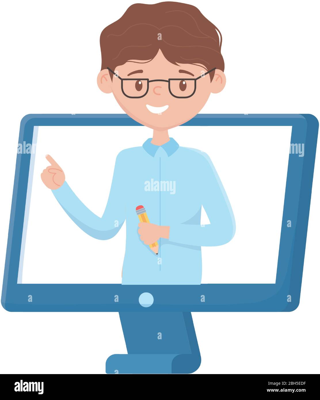 School boy with pencil and computer design, Eduaction class lesson ...