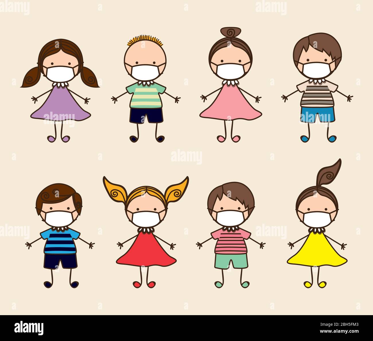 Boys and girls kids with masks against 2019 ncov virus vector design ...