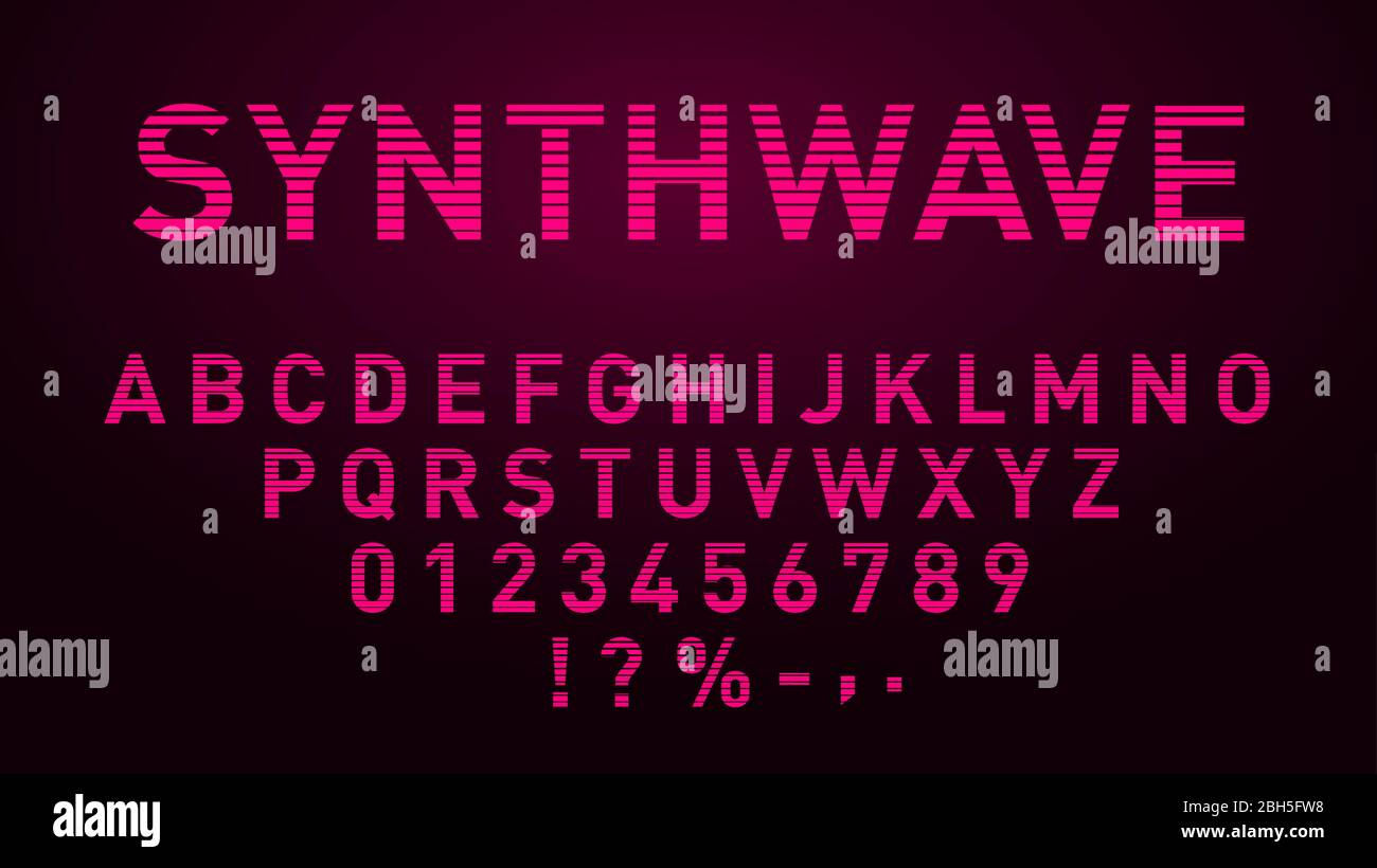 Synthwave pink font in 1980s style. Retrowave striped letters, numbers ...