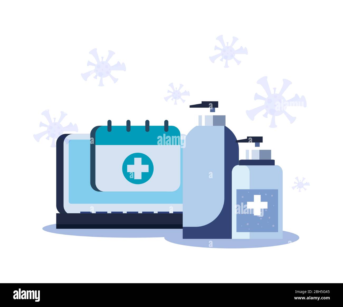 Laptop calendar and soap bottles design of Covid 19 virus 2019 ncov cov ...