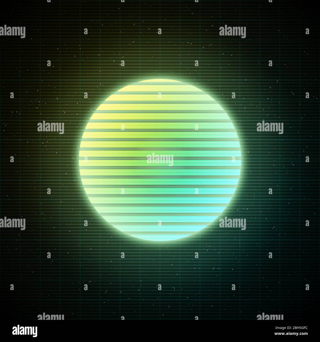 Retrowave style striped sun with yellow, green and blue glowing in ...