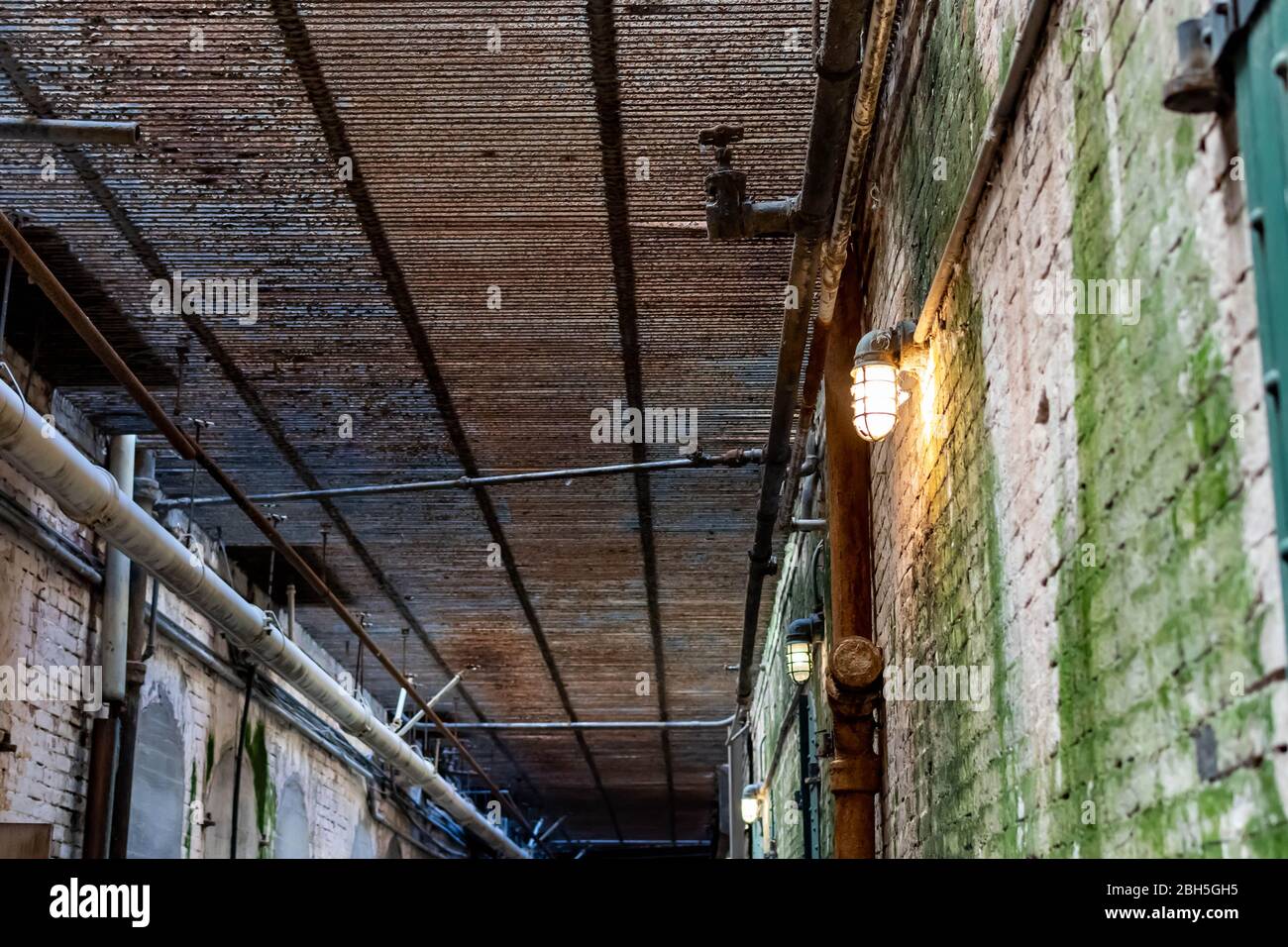 Alcatraz Prison old hallway inside the barracks apartment with rusty ...