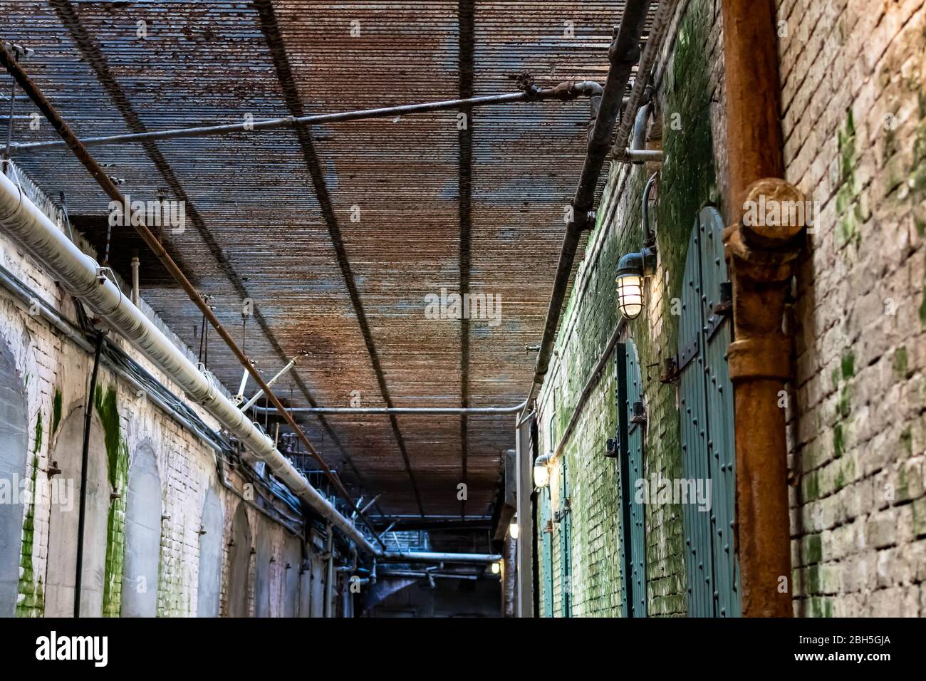 Alcatraz Prison old hallway inside the barracks apartment with rusty ...