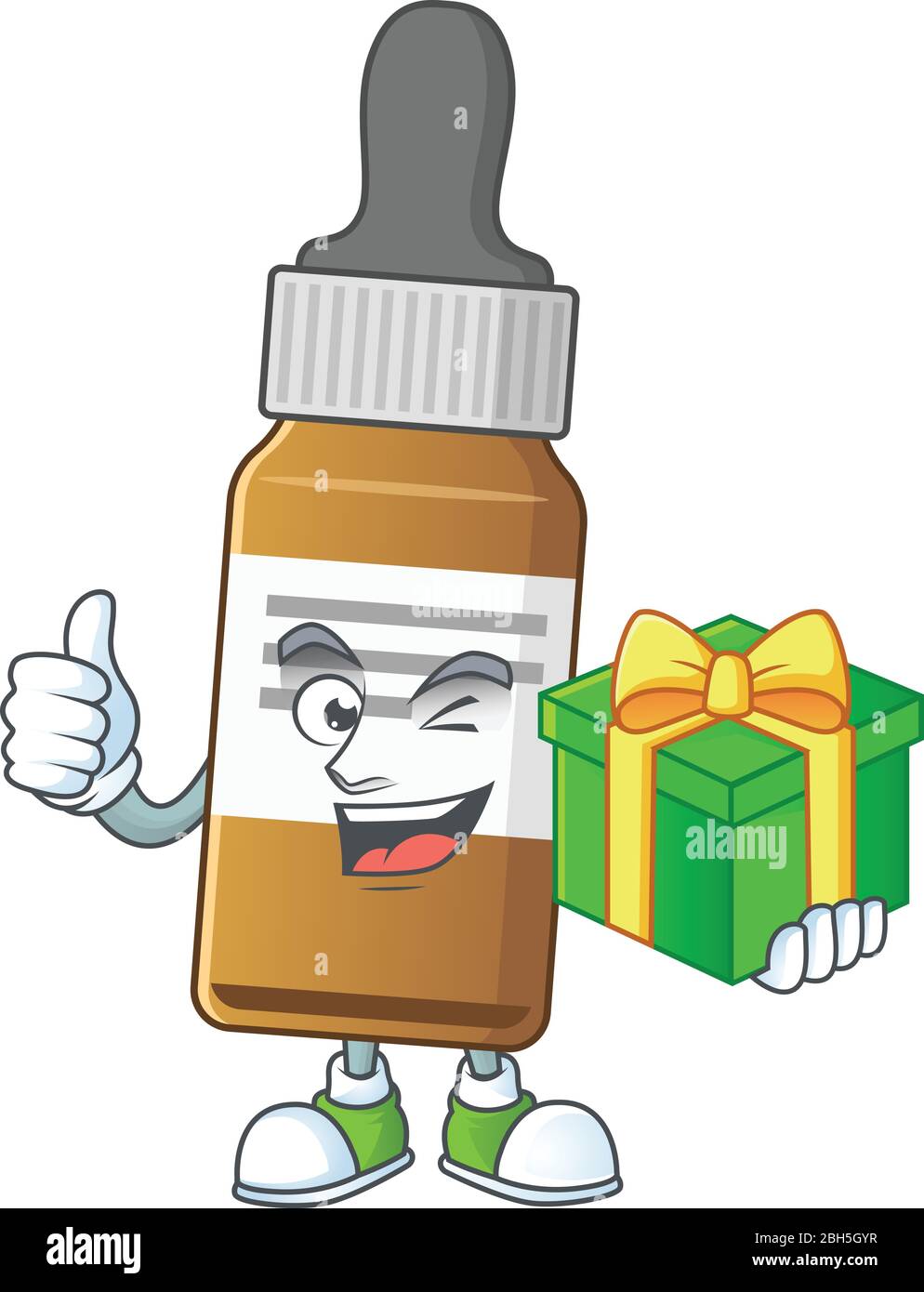 Smiley liquid bottle cartoon character holding a gift box Stock Vector ...