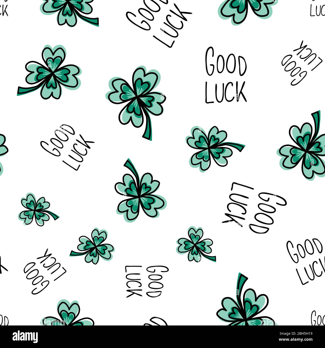 Good luck hand drawn lettering and clover leaves on white seamless ...