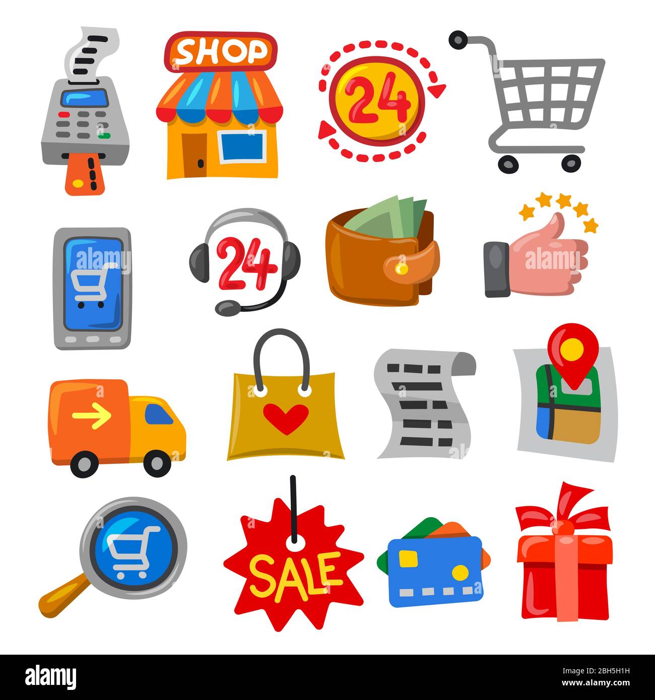 illustration of the set shopping and sale icons in a cartoon style ...