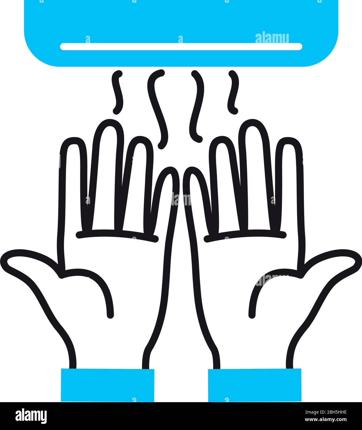 hands drying in the hand dryer over white bakground, half line half ...