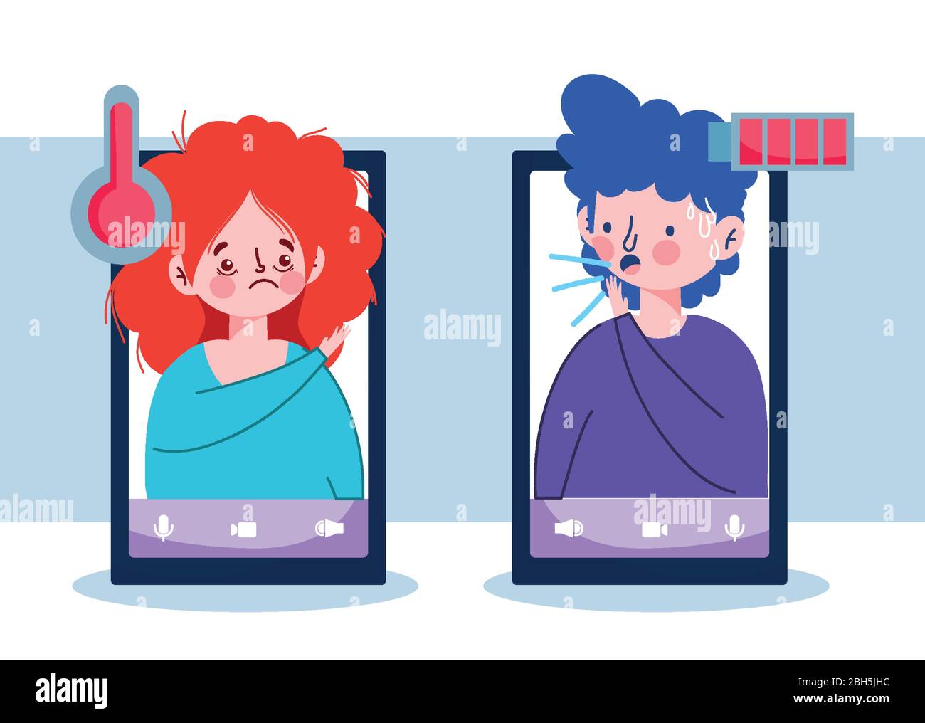 Woman and man with smartphones fever dry cough and fatigue design of ...