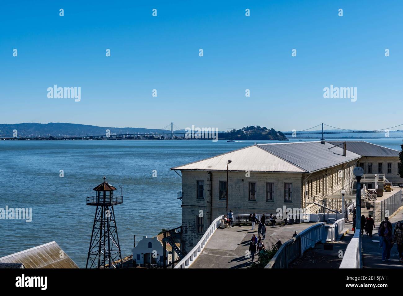 Alcatraz island's boat ship dock with the barracks or appartments and ...