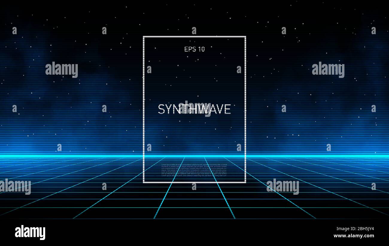 Synthwave blue cyber laser grid with glowing fog and horizon on starry space background. Design ...