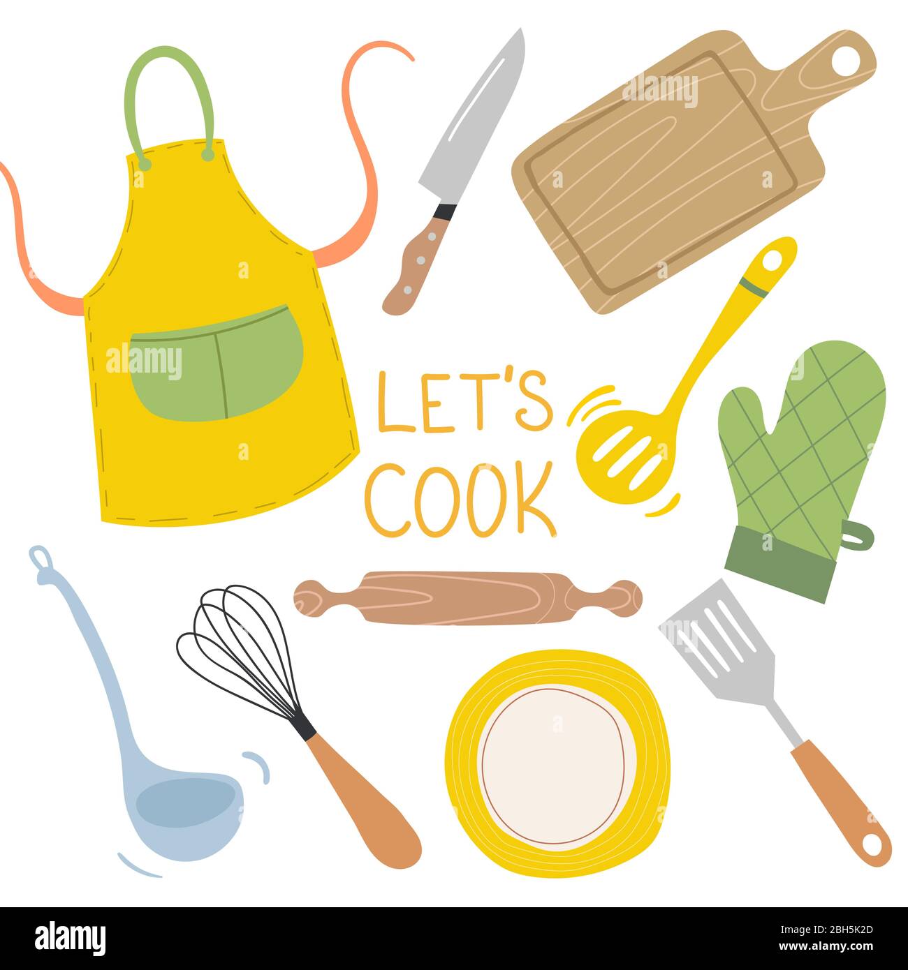 Lets Cook - Kitchen colored doodle vector icon set Stock Vector Image ...