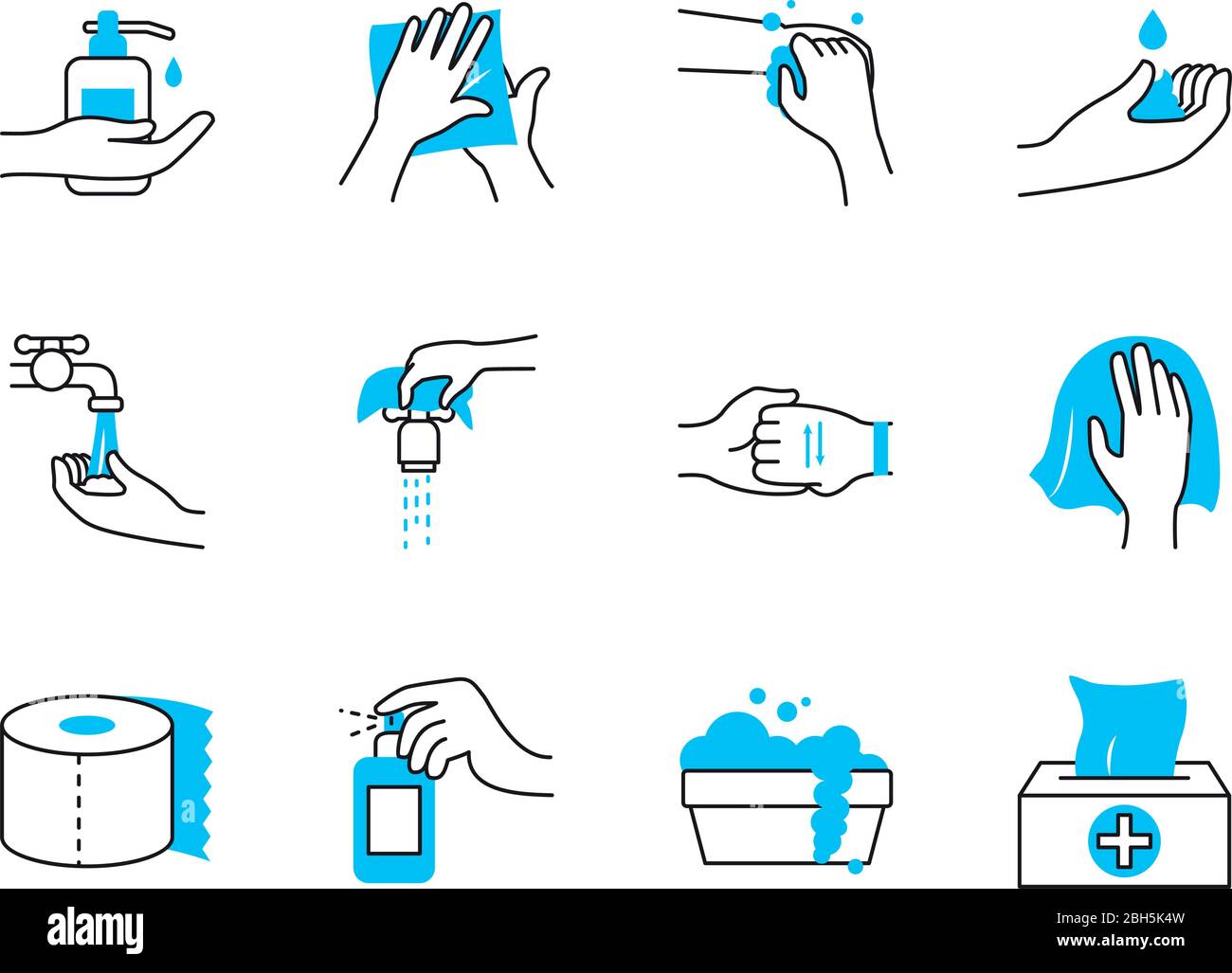 toilet paper and hand hygiene icon set over white bakground, half color ...