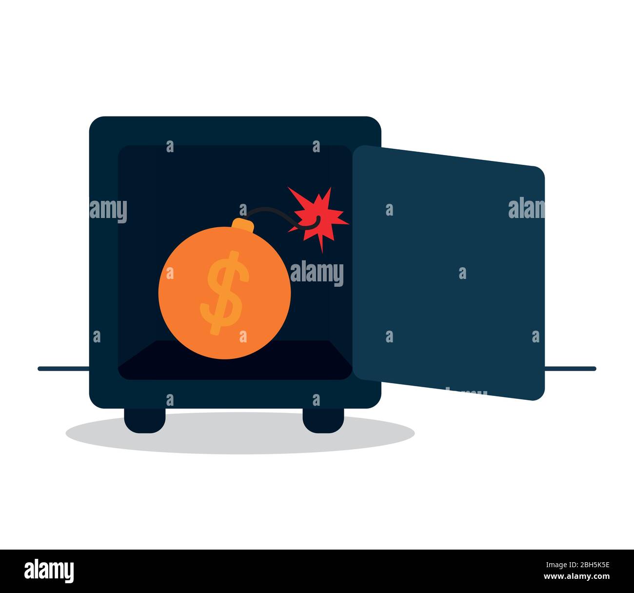 opened strongbox with money bomb over white background, colorful design ...