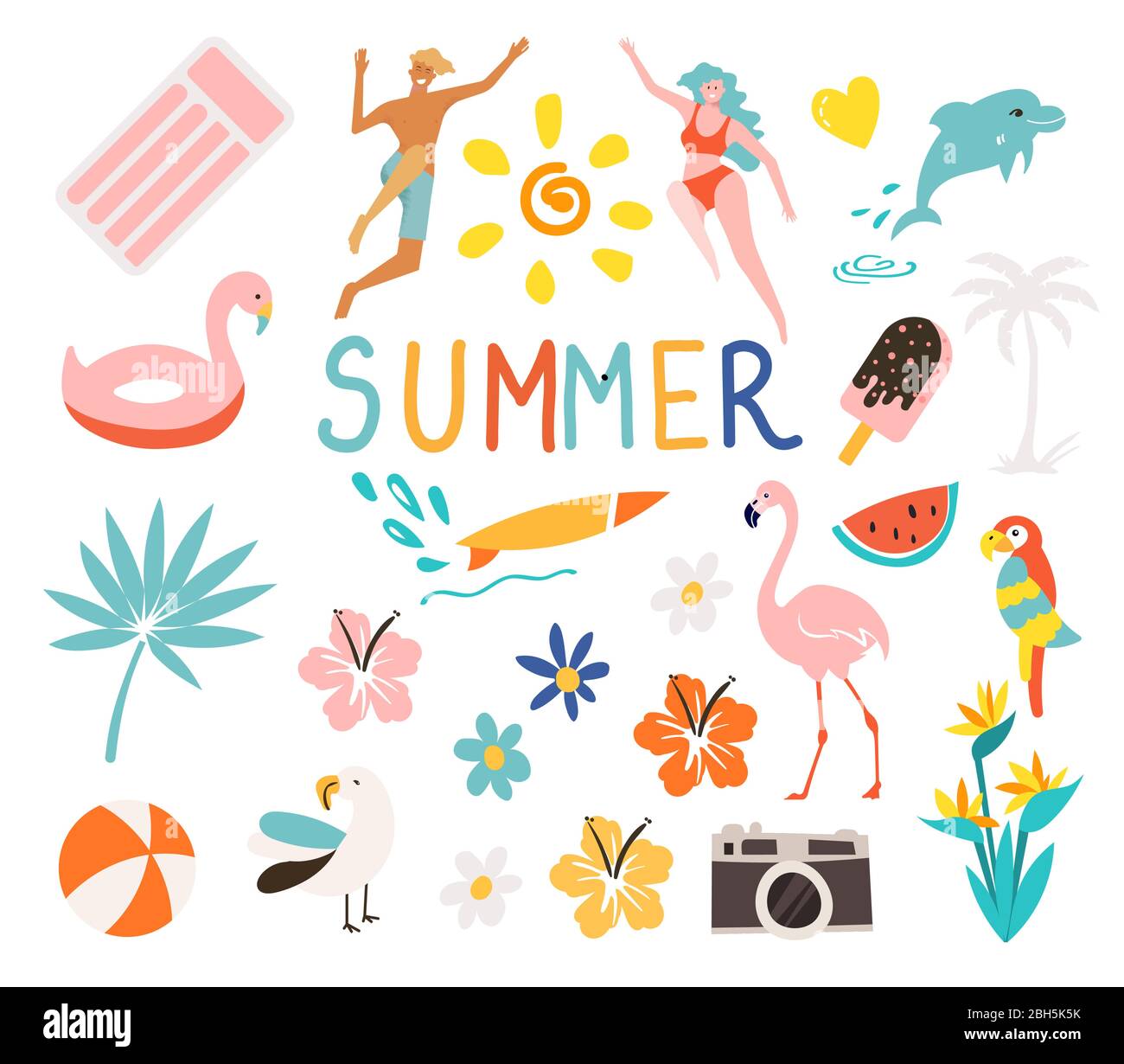 Set of vector cute summer icons: peoples swimming, flamingos, tropical ...