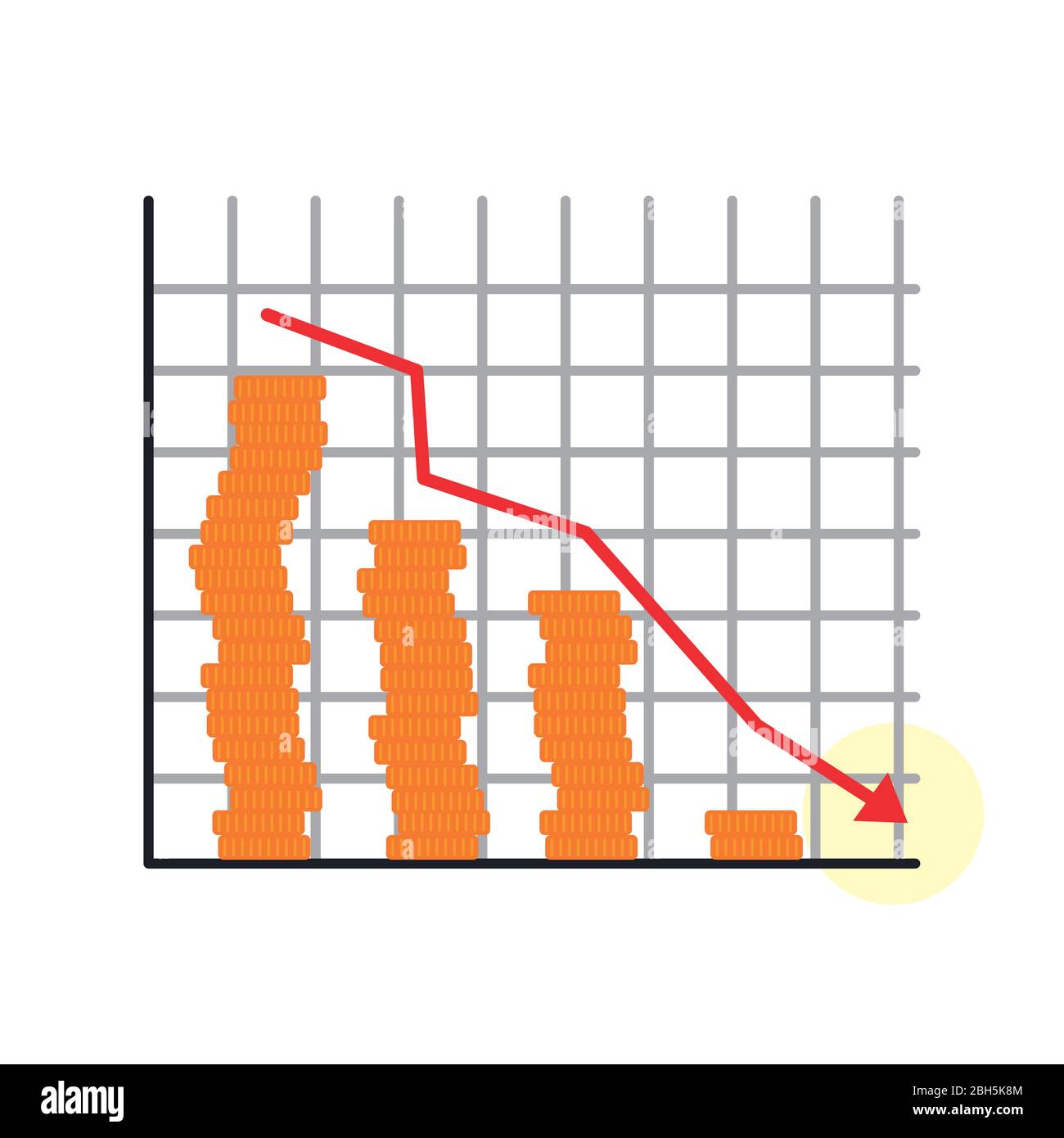 graphic chart with money coins stacks and descending financial arrow ...