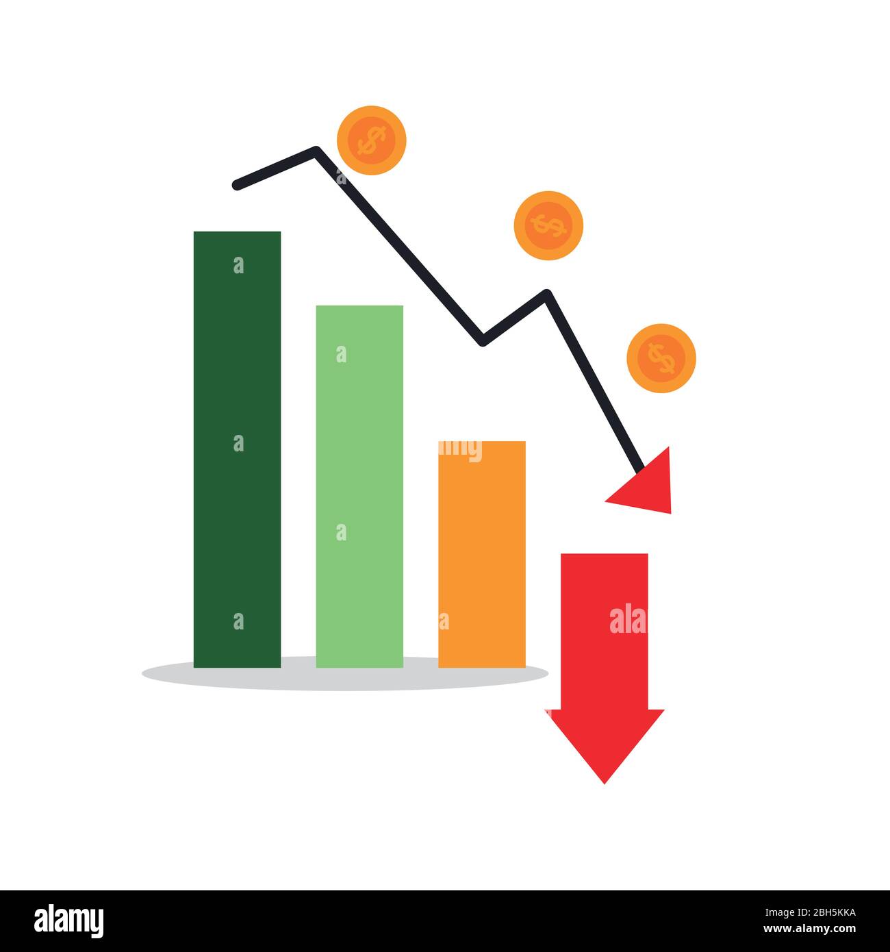 graphic bar chart with descending arrow and money coins over white ...