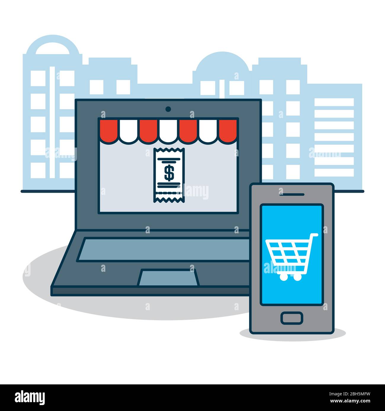 shopping online concept, laptop computer and smartphone with shopping ...