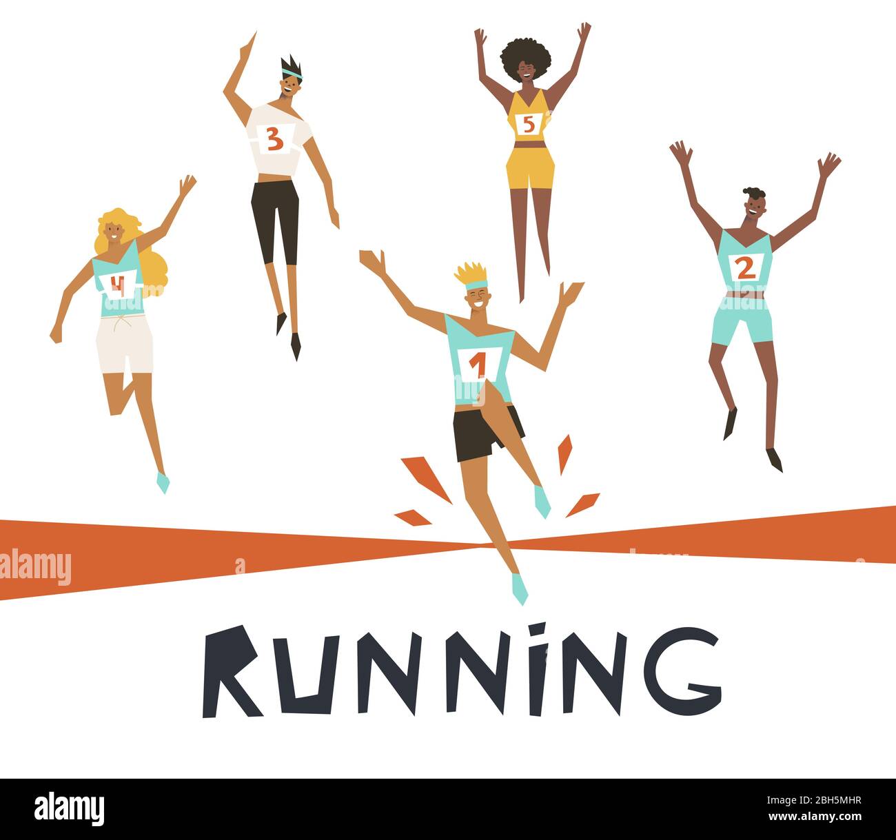 Running people crossing red finish ribbon. Vector illustration Stock ...