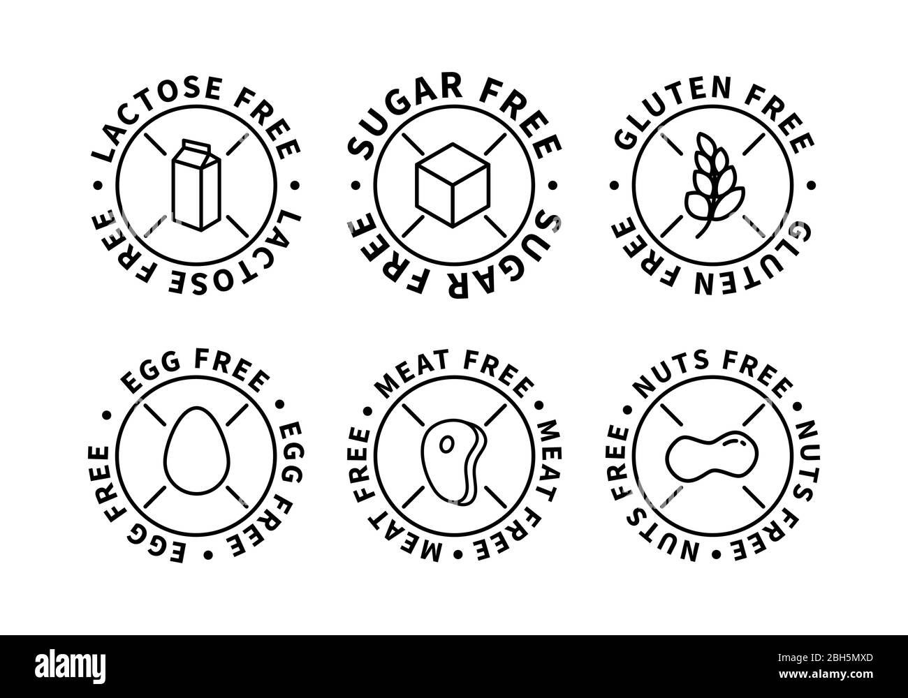 Set of food simple black icons, lactose free, sugar free, nuts free ...