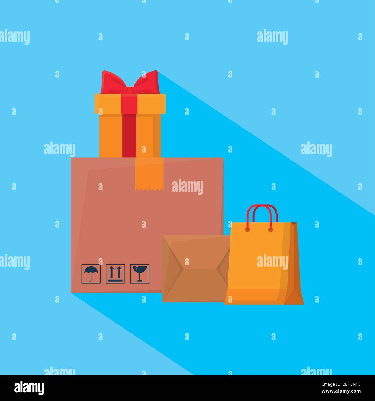 shopping online concept, shopping bag, boxes and gift box over blue ...