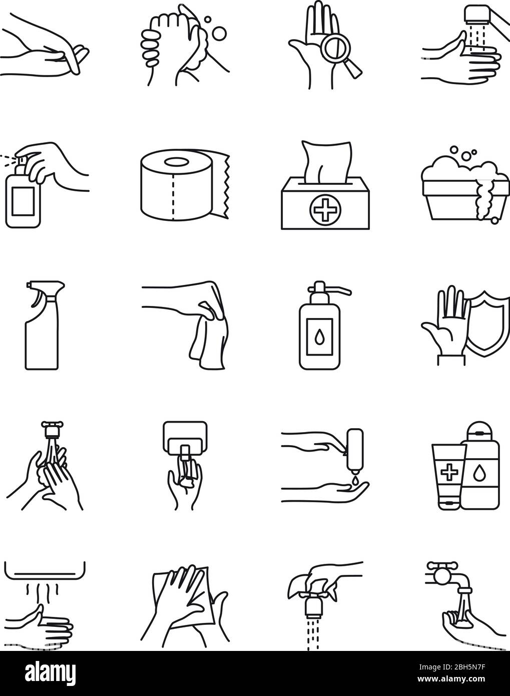 tissues box and hand hygiene icon set over white background, line style ...