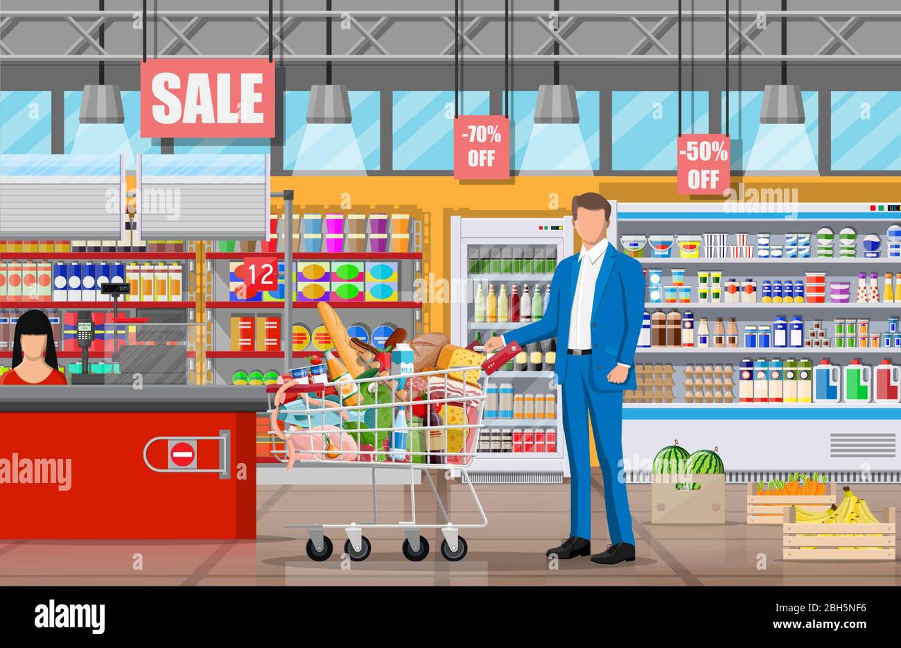 Supermarket store interior with goods. Big shopping mall. Groceries ...