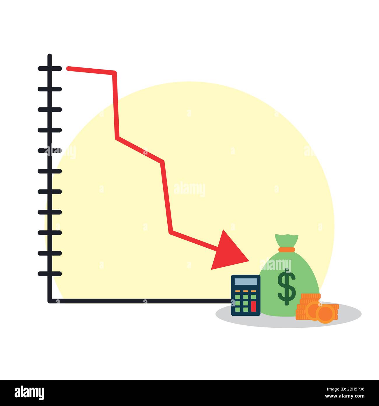 graphic chart with descending arrow and money bag icon over white ...