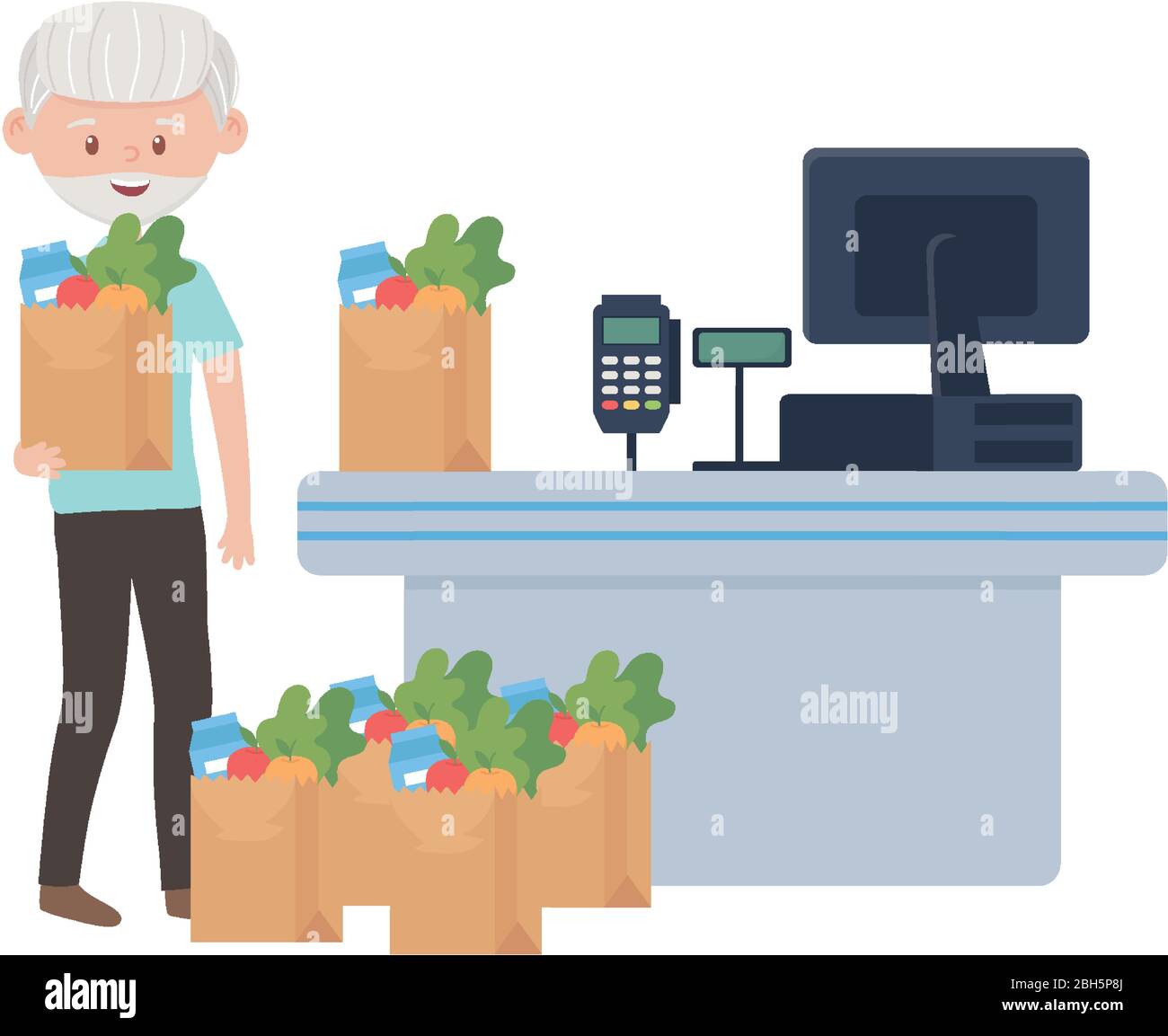 Counter with cash register and old man design of Shopping commerce ...