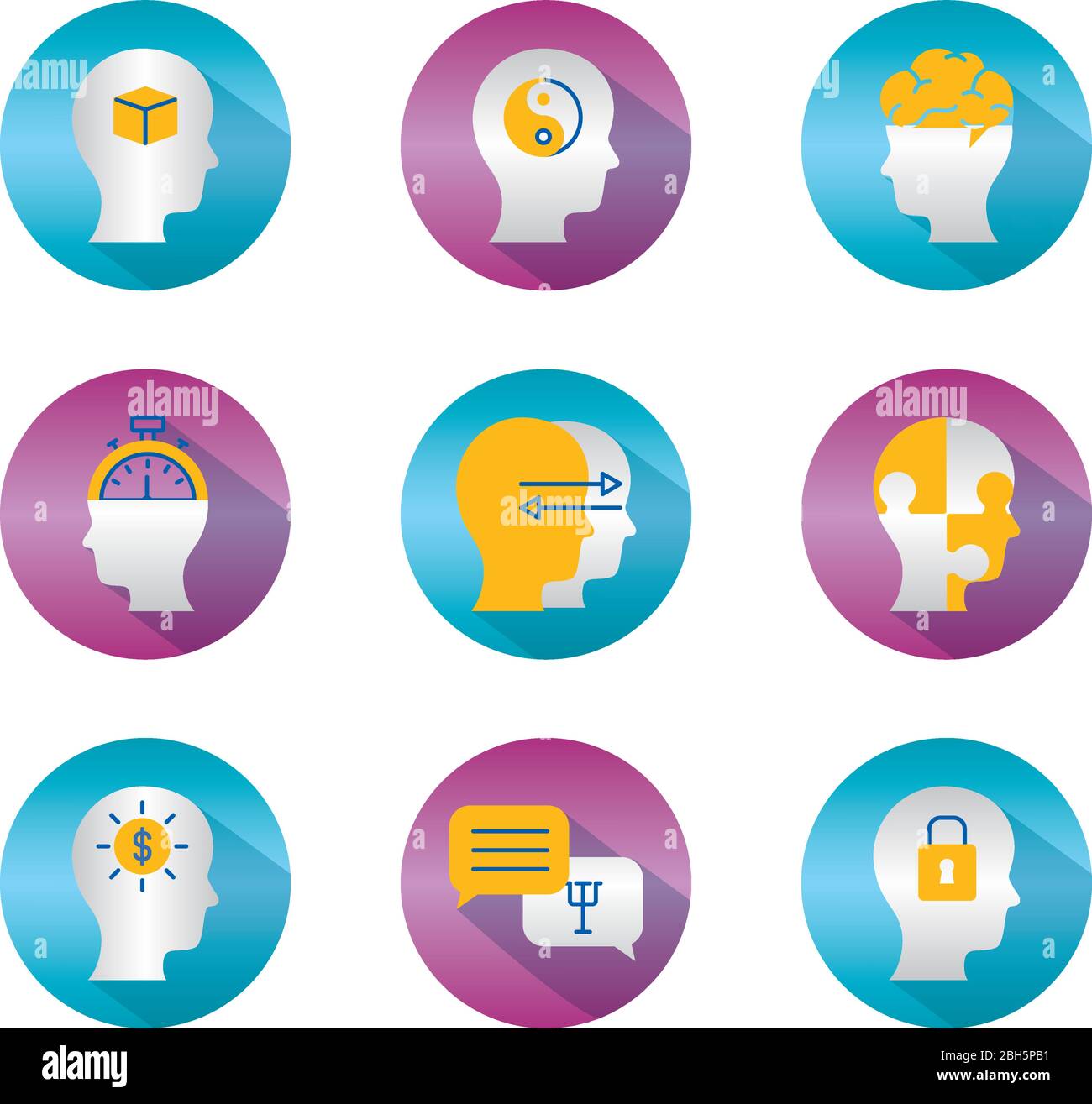 heads and Mental health icon set over white background, block gradient ...