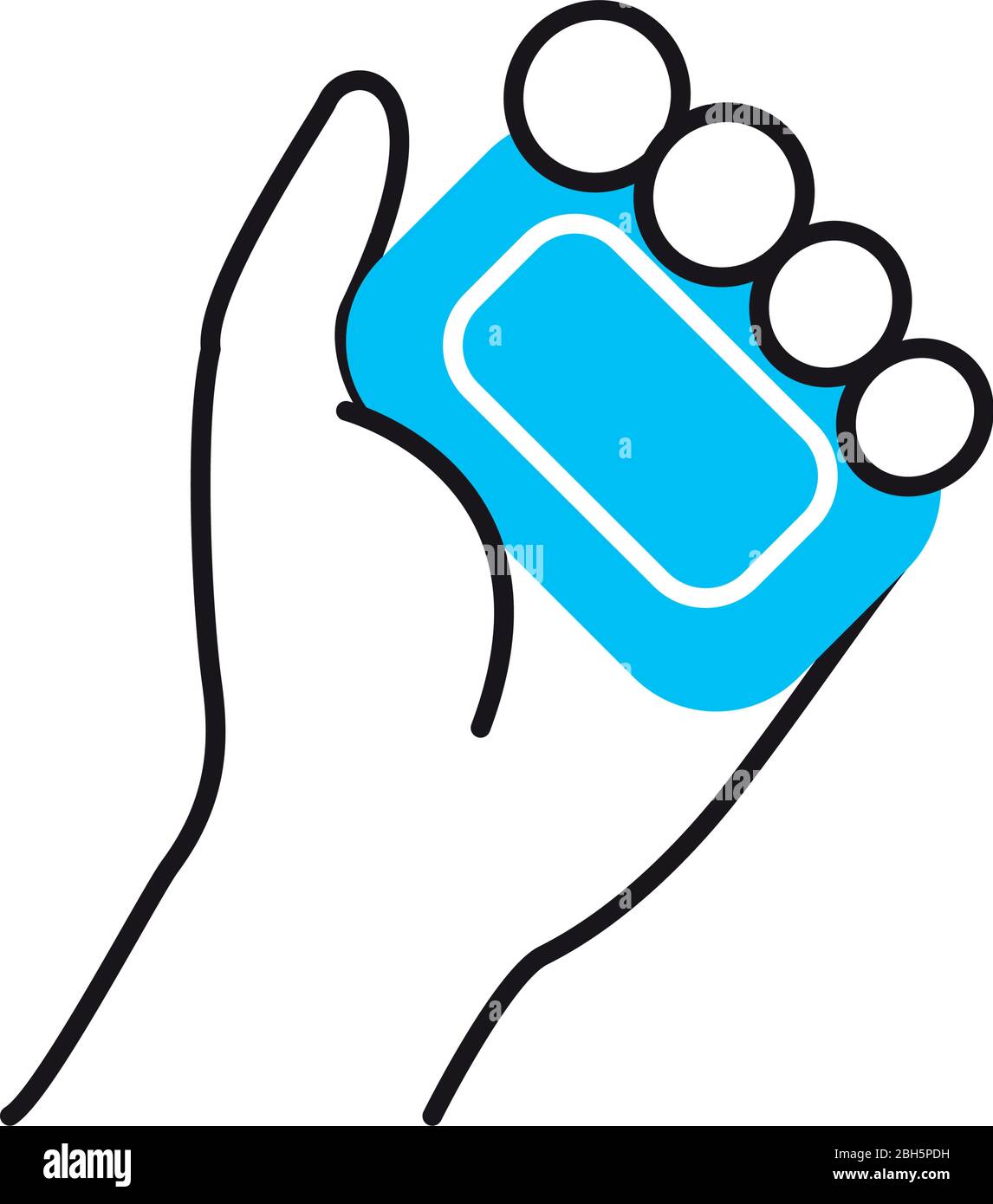 hand holding a soap bar icon over white bakground, half color half line ...