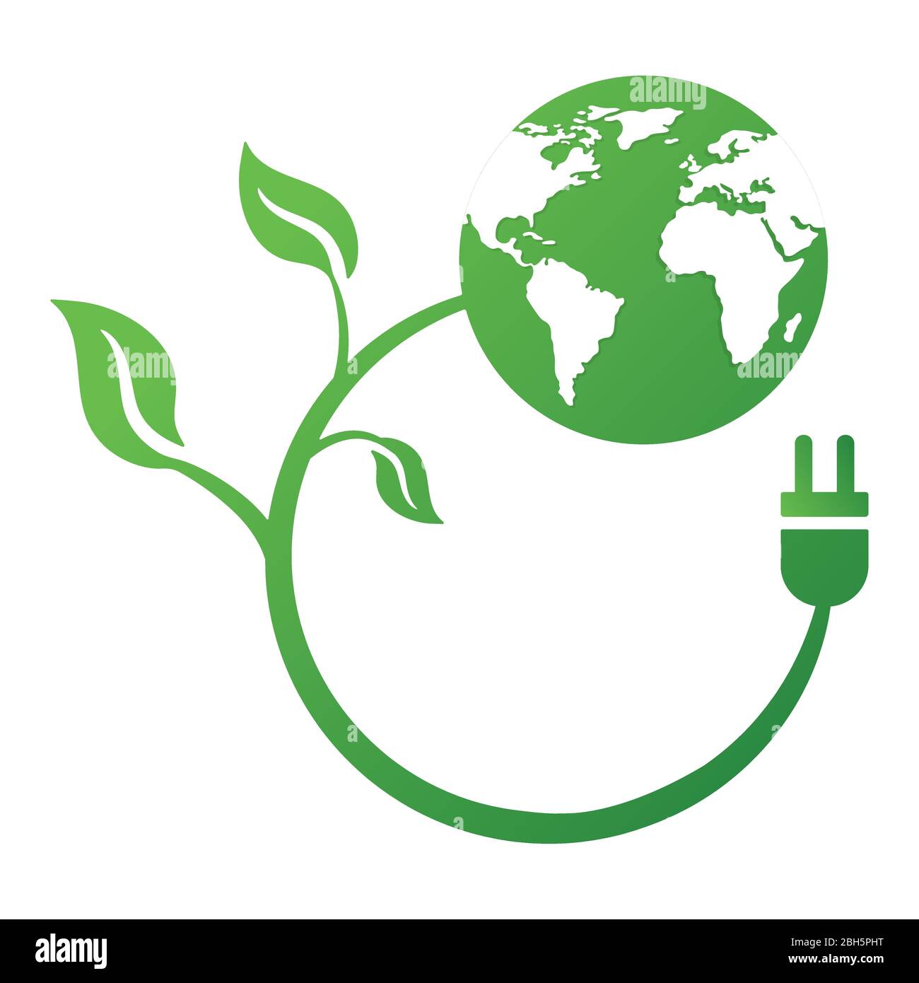 Green leaves, earth and plug icon isolated on white background. Ecology ...