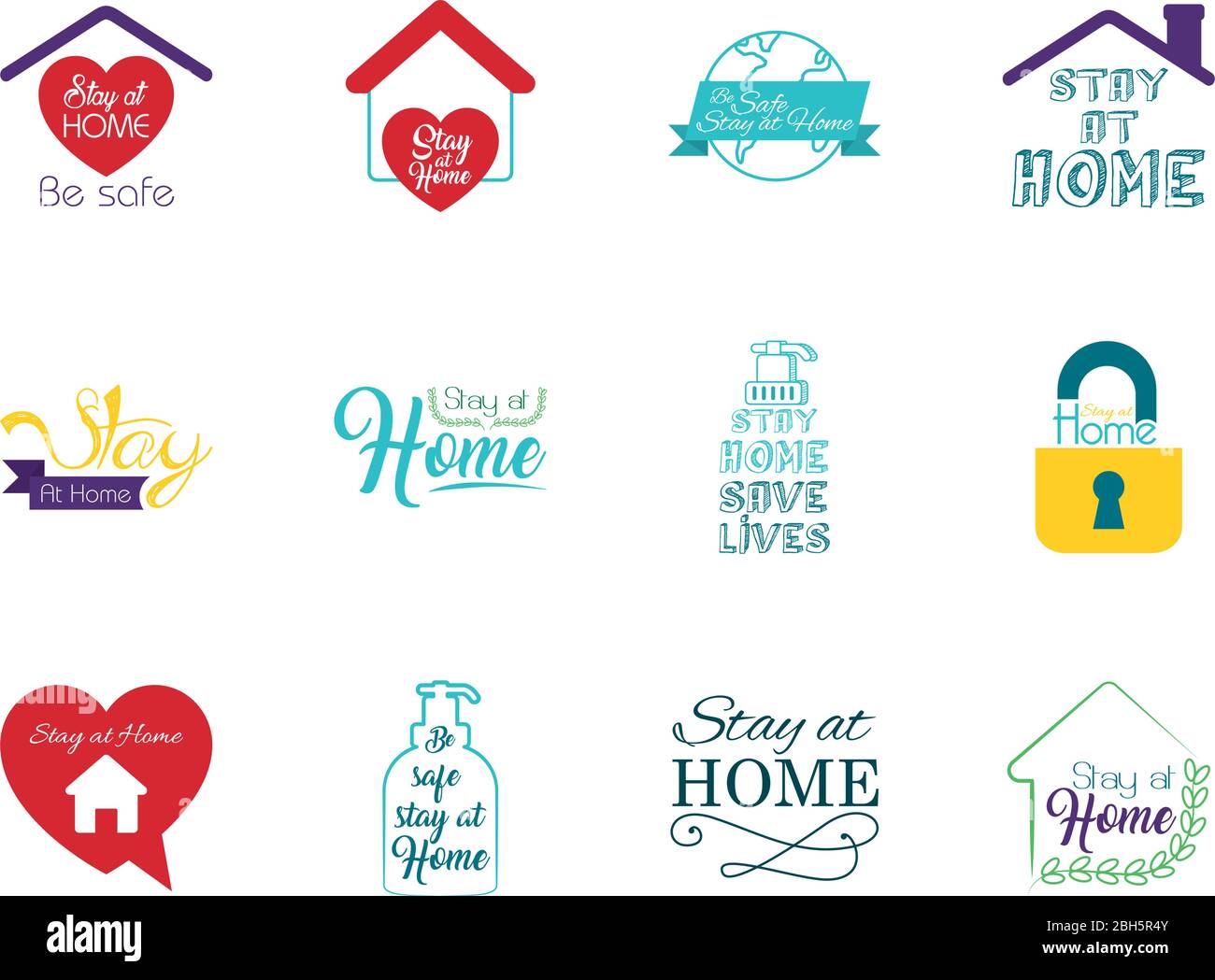house shapes and stay home messages icon set over white background ...