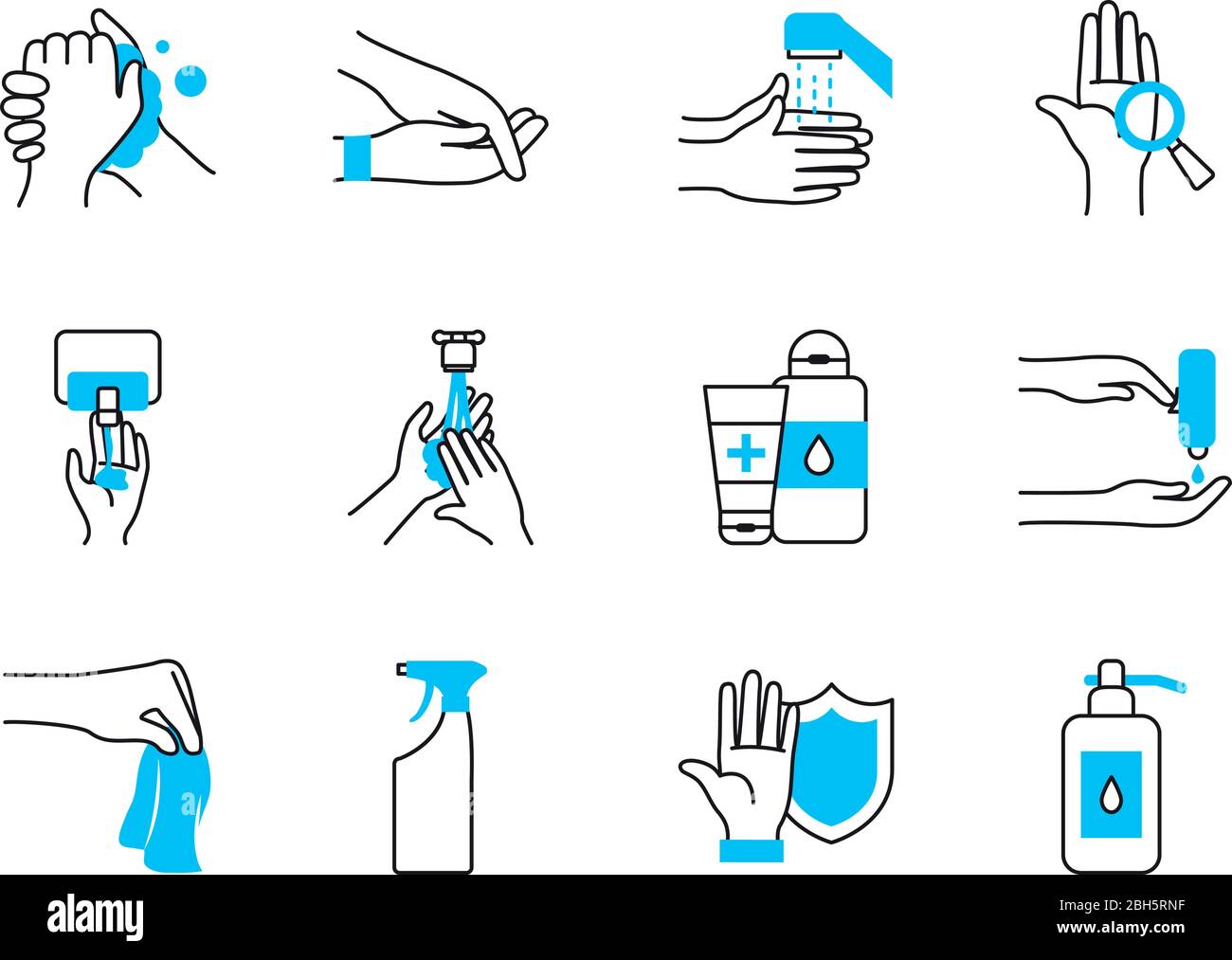 water and hand hygiene icon set over white bakground, half color half ...