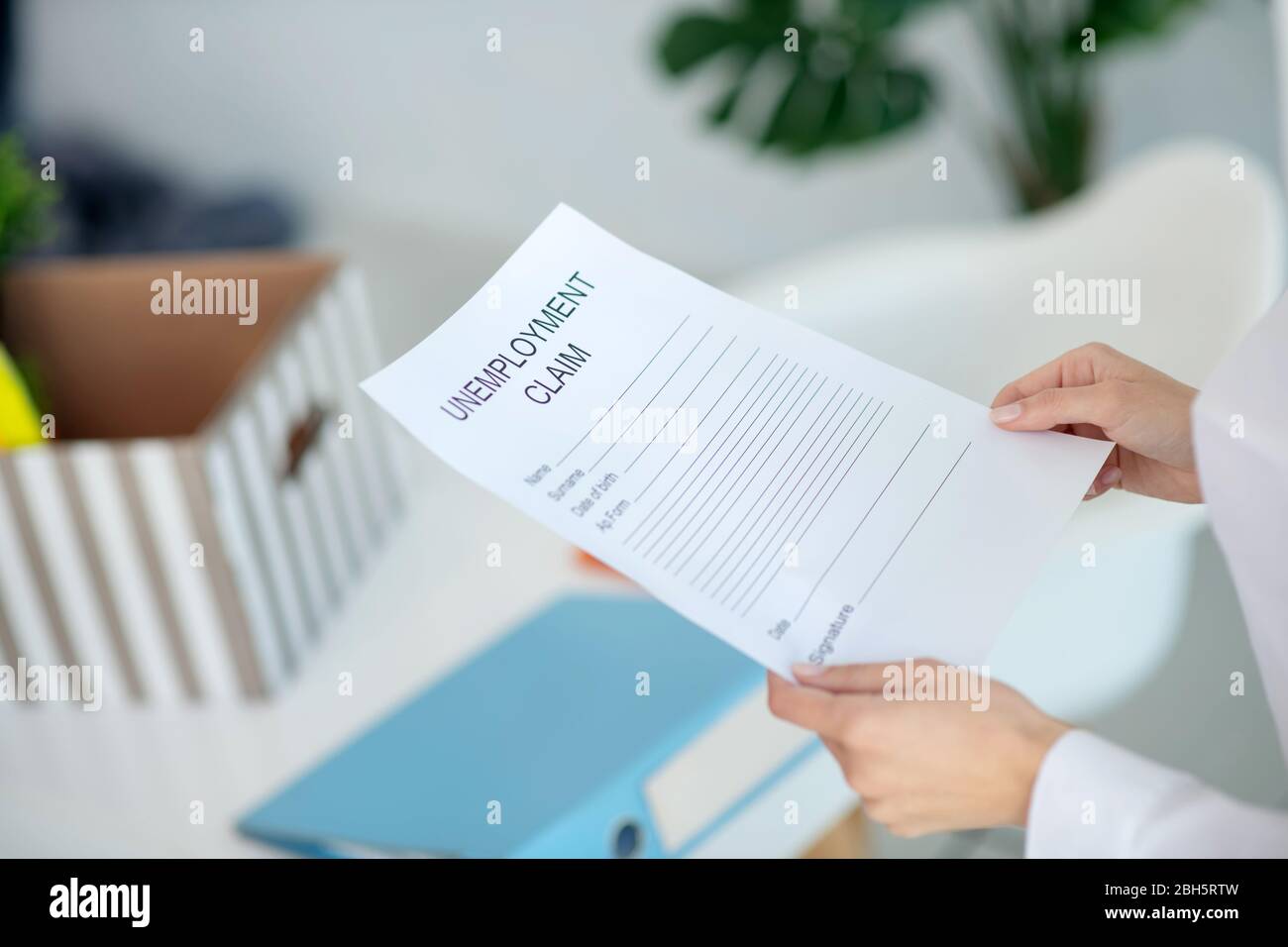 At work. Female hands holding unemployment claim above desk Stock Photo ...