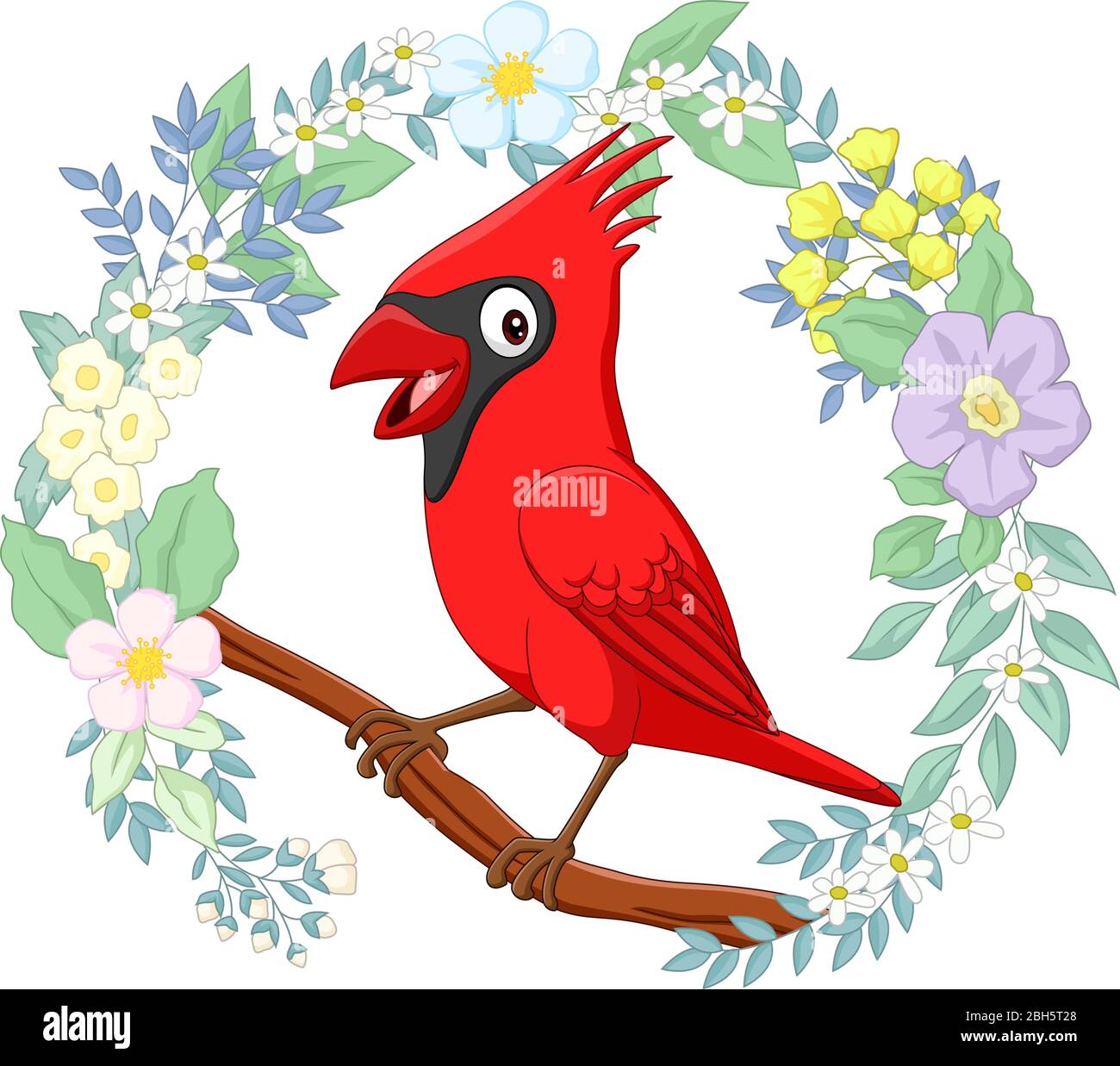 Cartoon cardinal bird on tree branch with flowers background Stock ...
