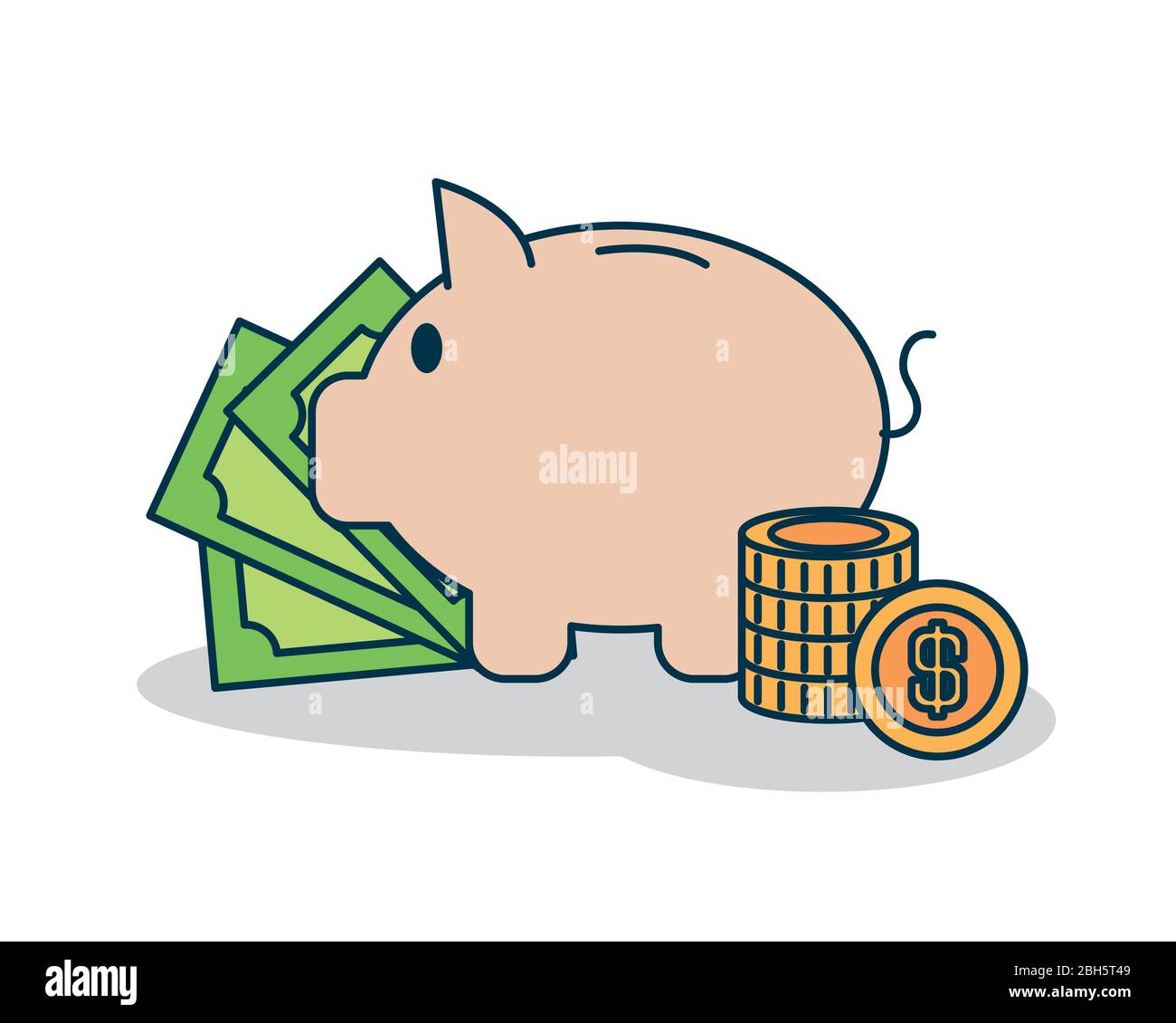 piggy bank and money bills and coins over white background, colorful ...