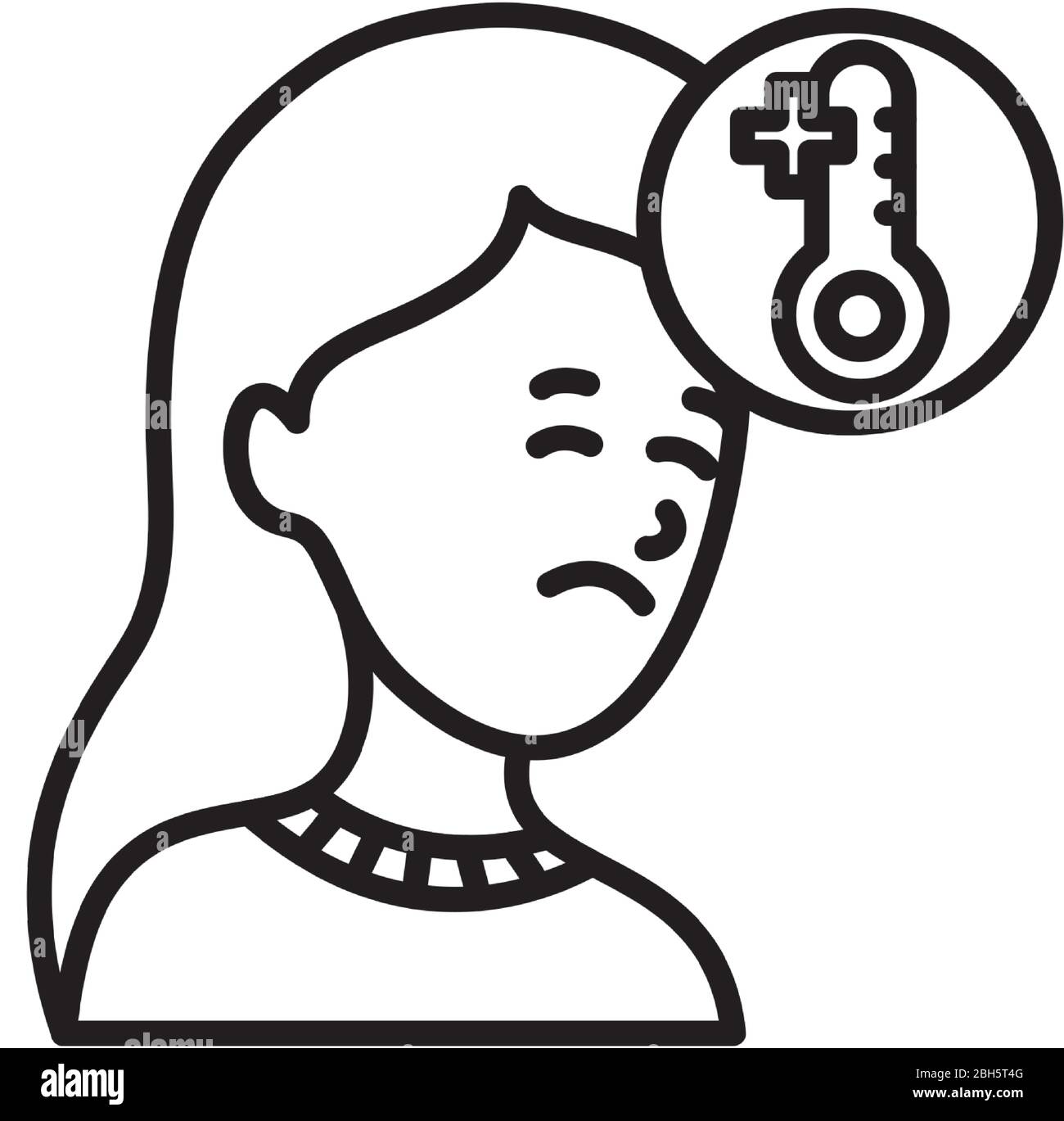cartoon woman with fever icon over white background, line style, vector ...
