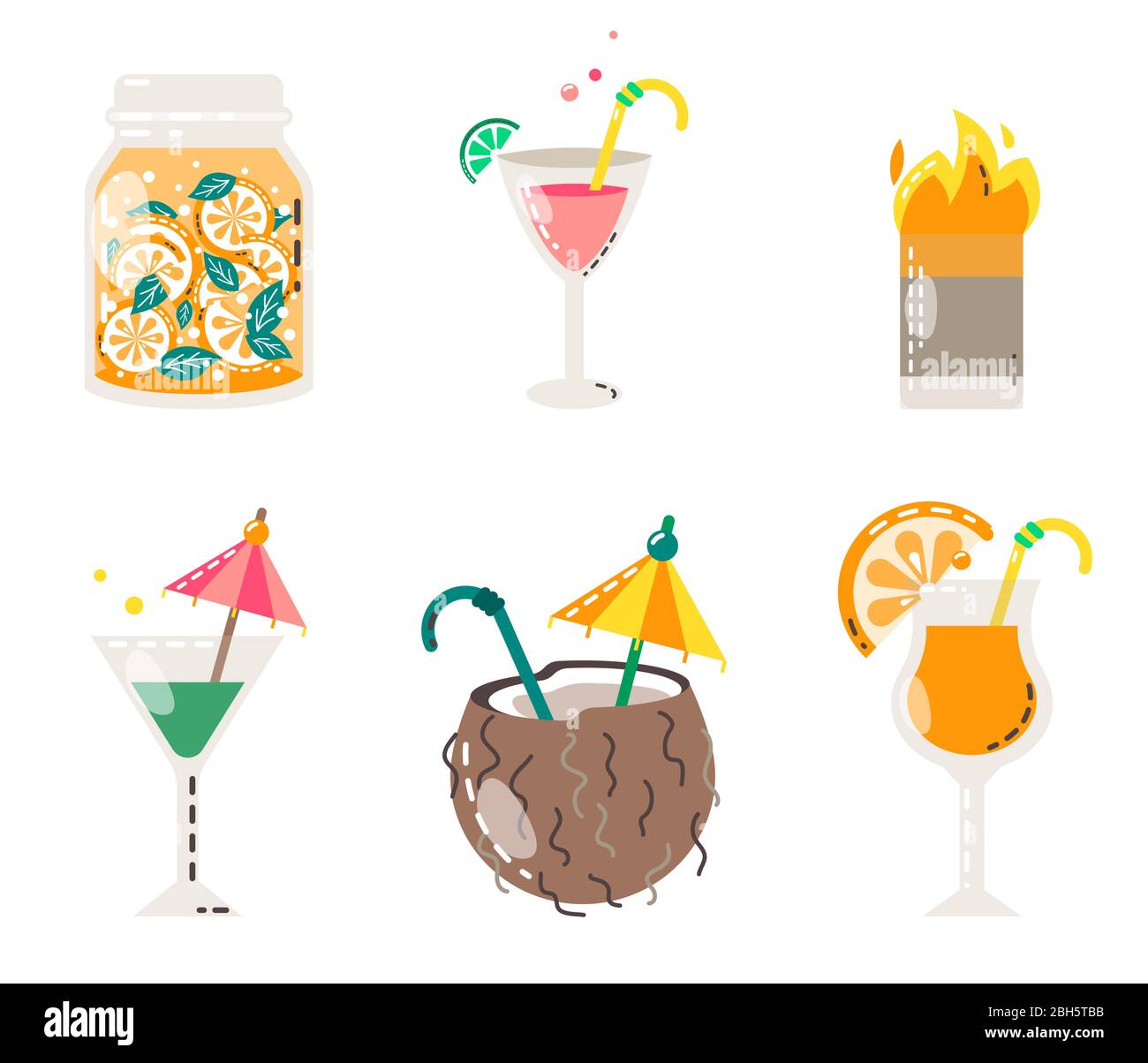 Set of hand drawn drinks, cocktails for summer holiday and beach party ...