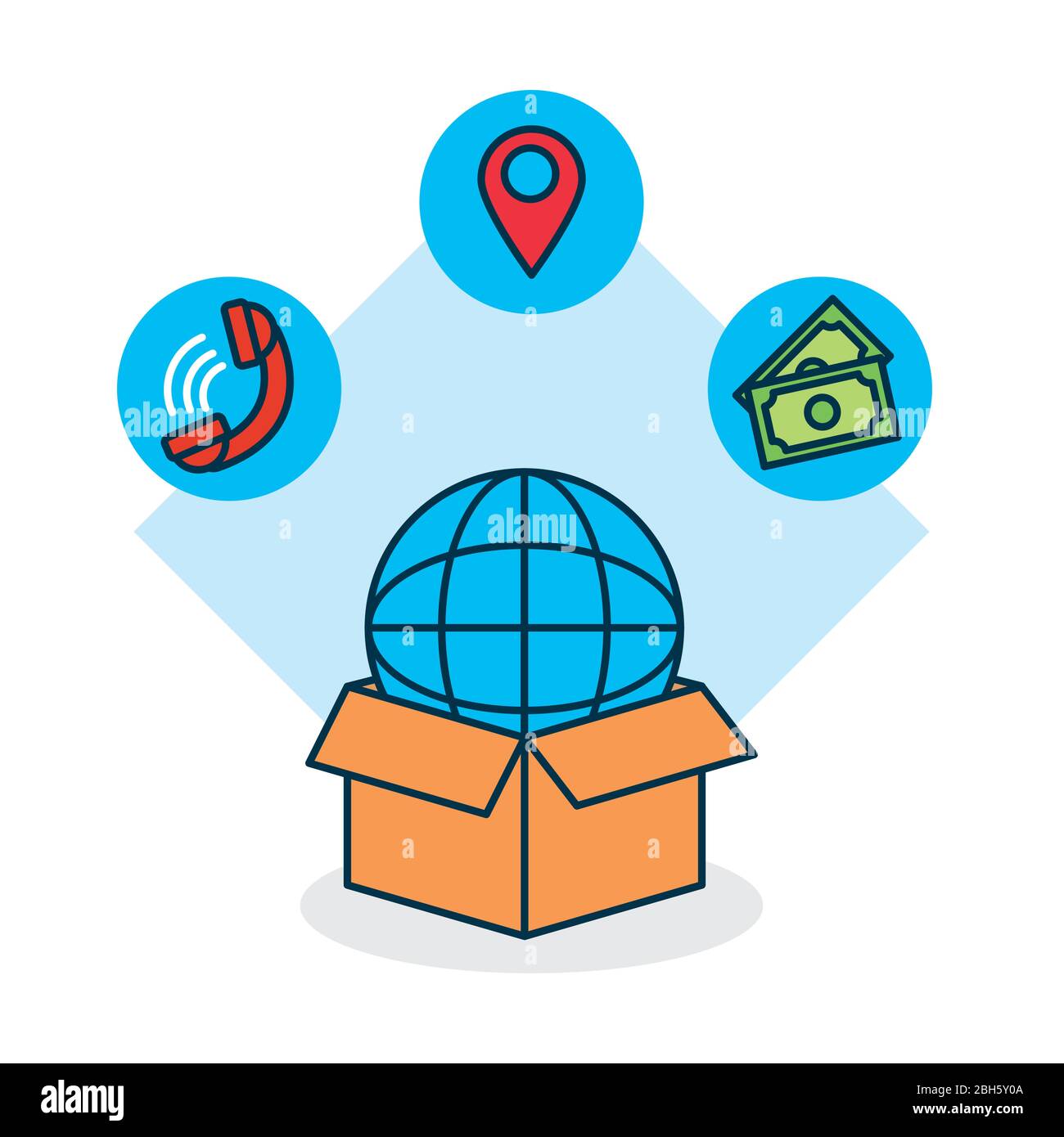 shopping online concept, box with global sphere and related icons ...