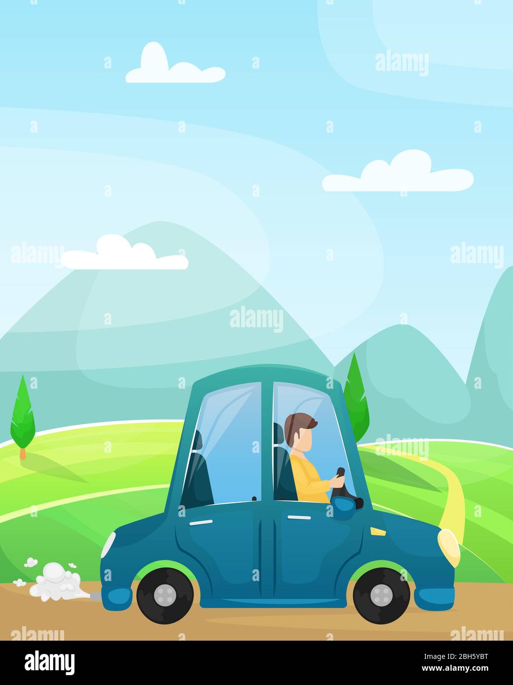 Vector illustration of a man driving a blue cartoon car. Country trips ...