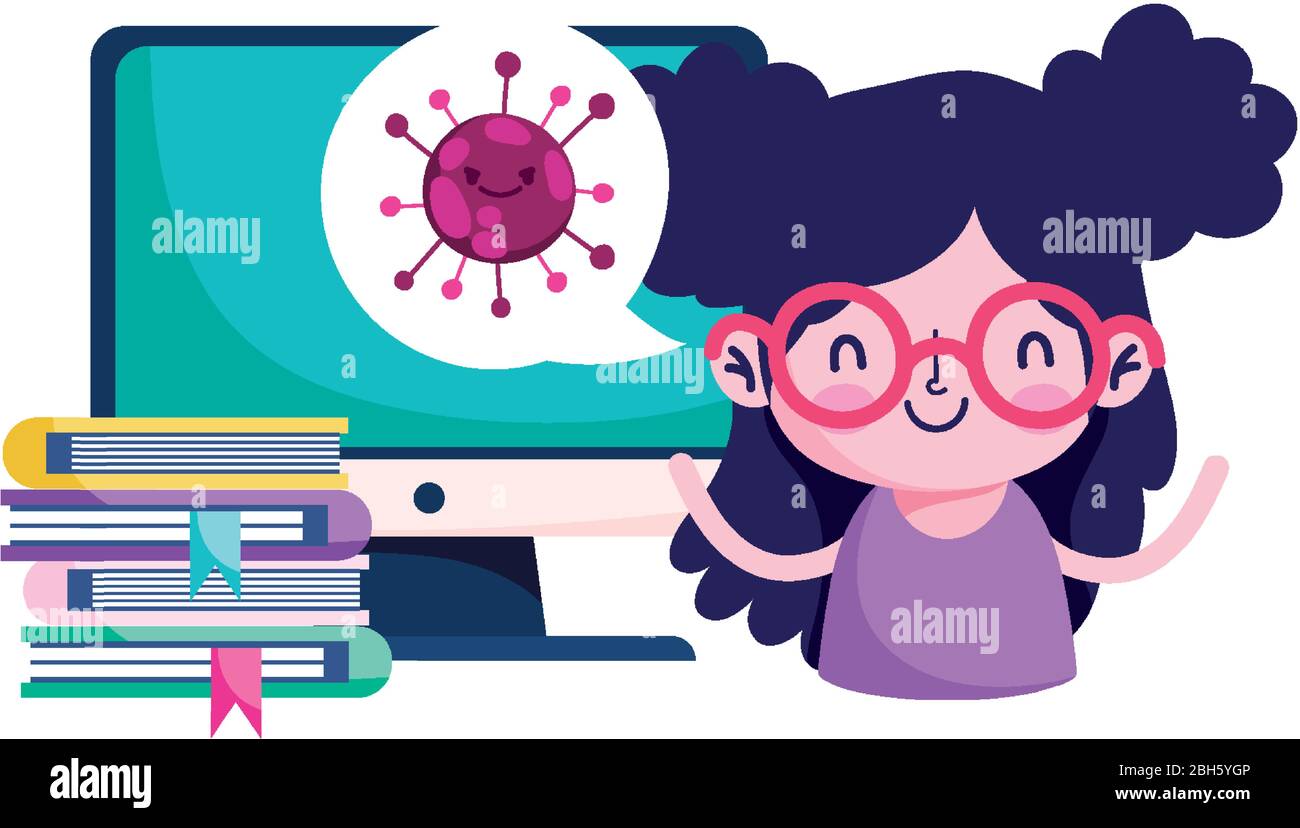 Girl books and computer with Covid 19 virus design of 2019 ncov cov ...