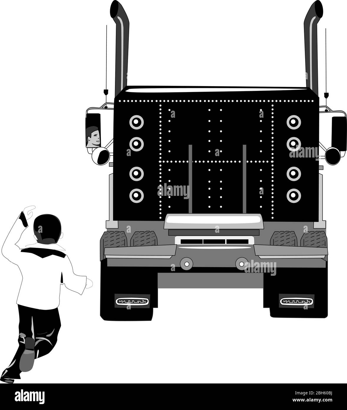 Heavy vehicle transport truck in black and boy who run in back view ...