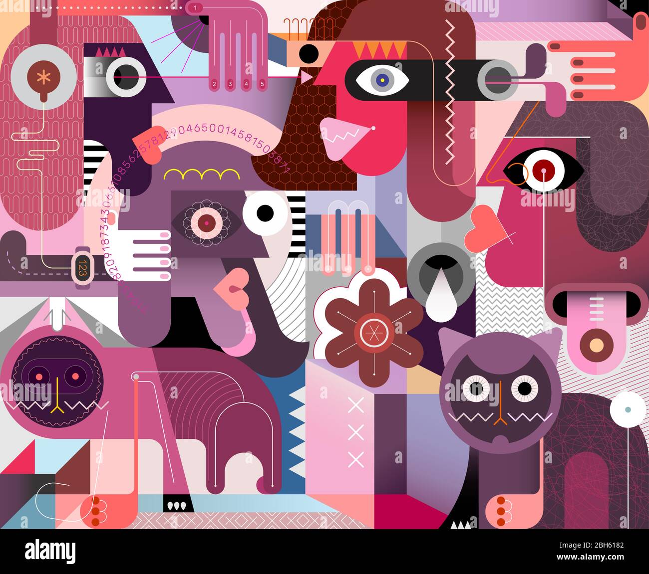 People and cats modern abstract art vector illustration. Neo cubism ...