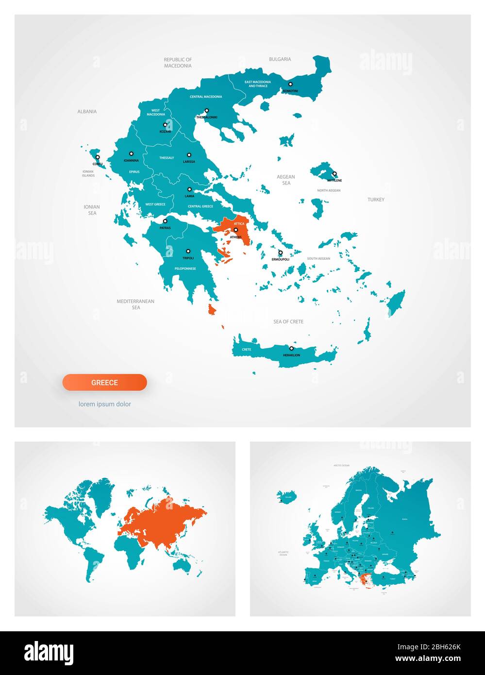 Editable template of map of Greece with marks. Greece on world map and ...