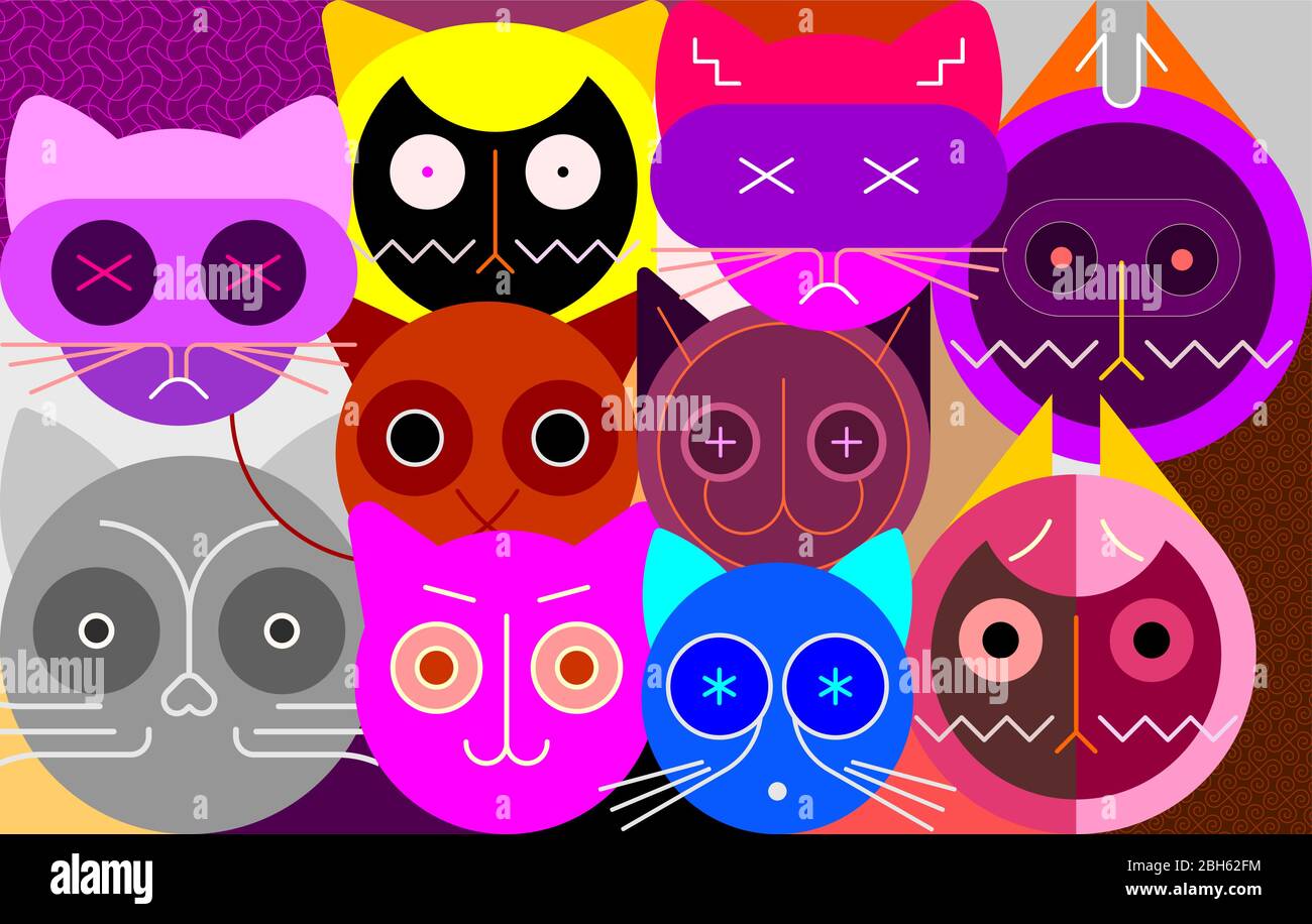 Modern art vector illustration of many cat faces Stock Vector Image ...