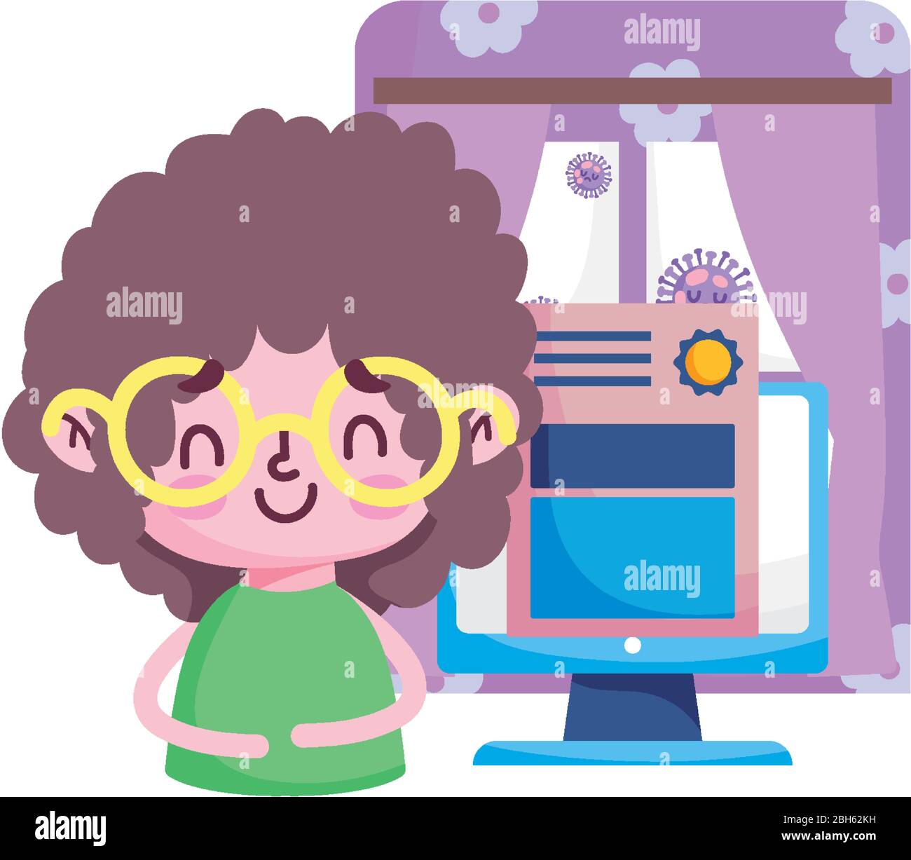 Girl computer diplom window and outside Covid 19 virus design of 2019 ...